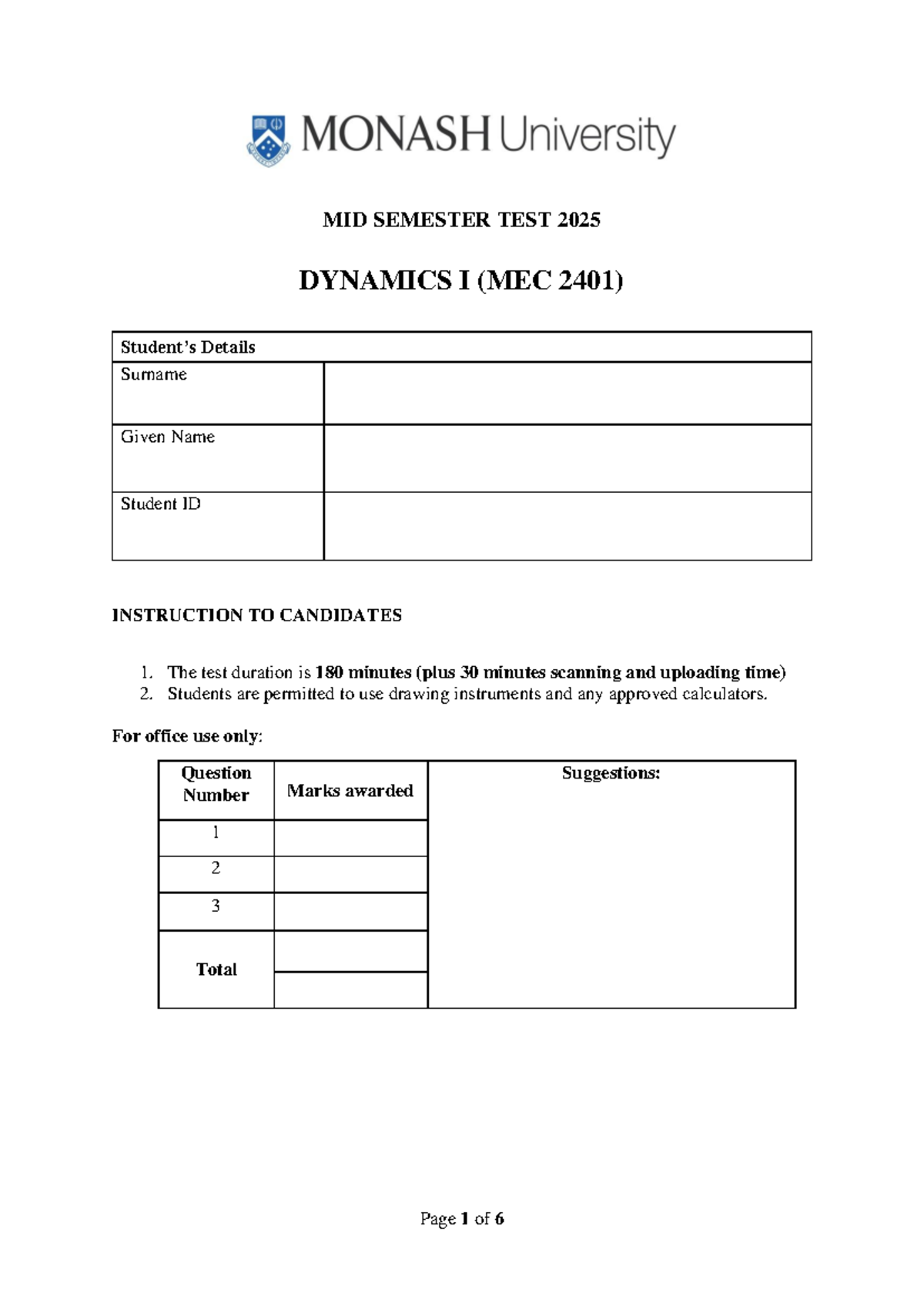 MEC 2401 Mid Semester Test 2025: Dynamics I Questions and Details - Studocu