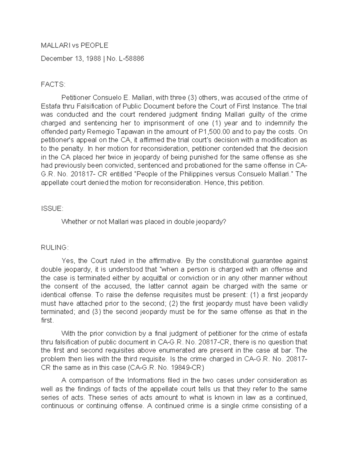 Mallari vs People: Double Jeopardy Analysis in CA-G. No. 19849-CR - Studocu
