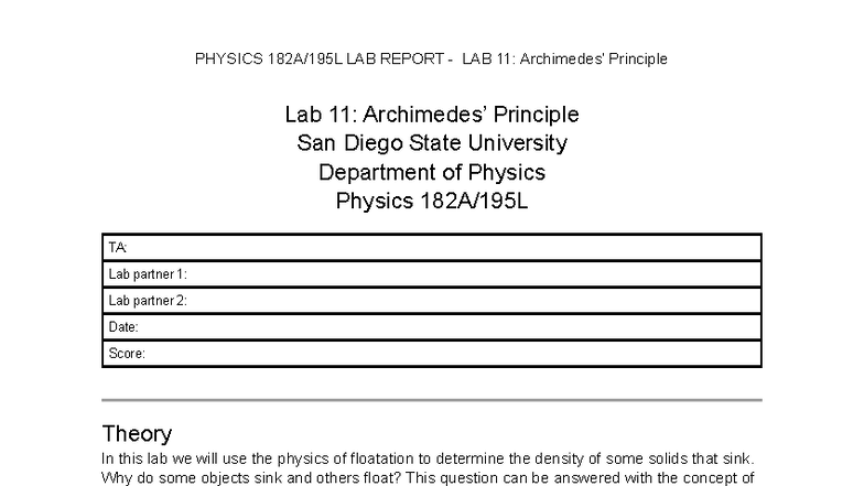 PHYSICS LAB REPORT LAB 11: Archimedes Principle Analysis - Studocu