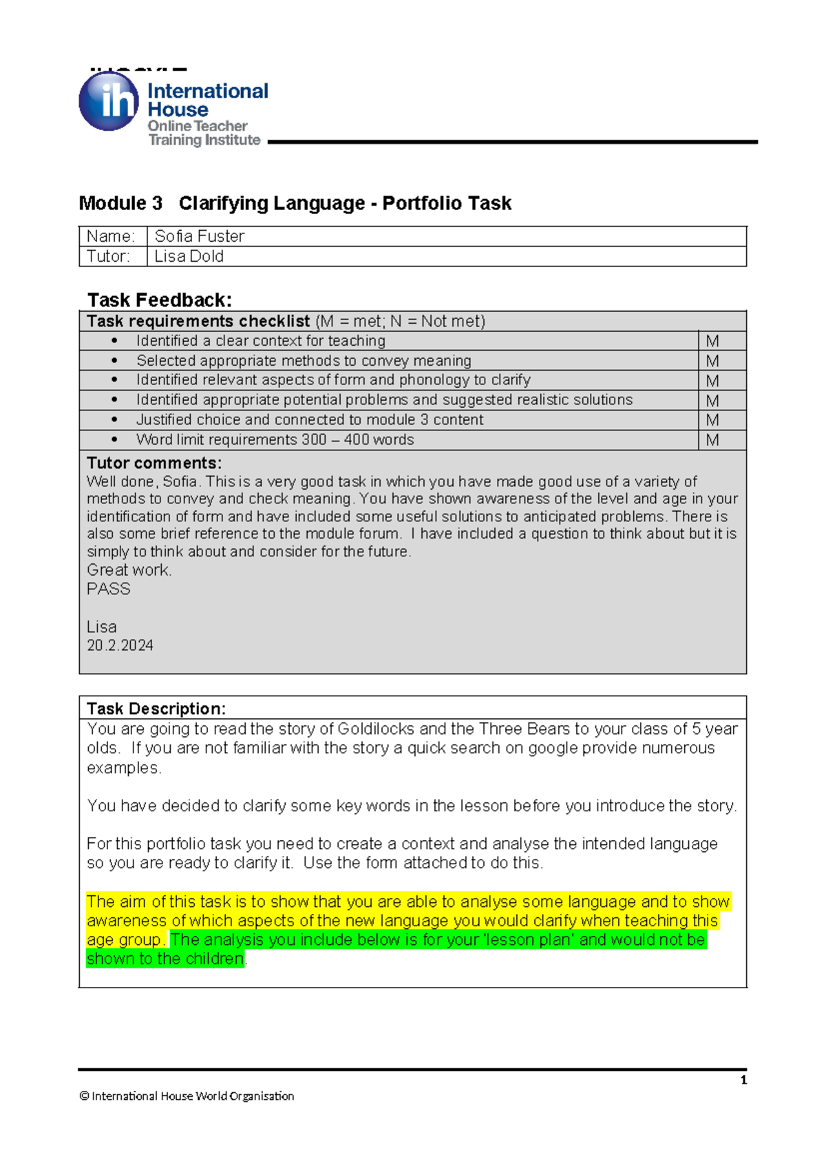 Module 3 Portfolio Task: Language Clarification for Teaching - Studocu