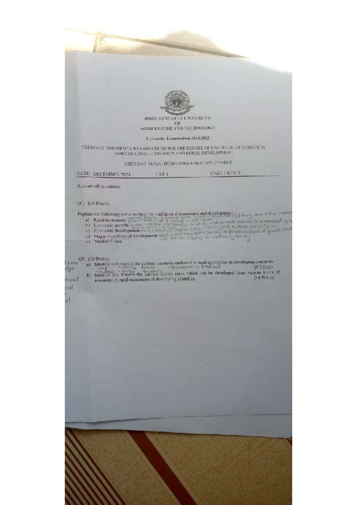 AERD 2305: Rural Economies and Development CAT 1 Exam Notes - Studocu