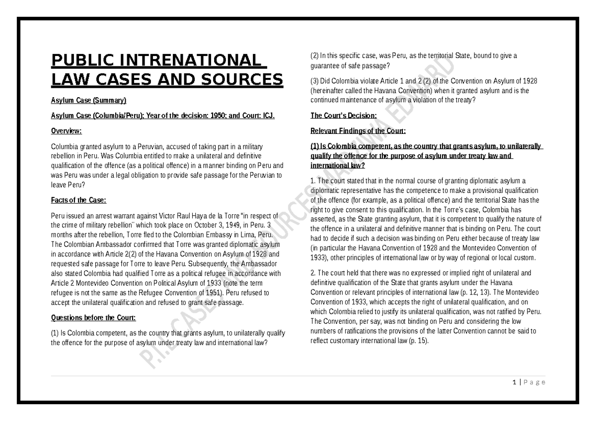 Public International Law Cases: Asylum & Nicaragua (2) Analysis - Studocu