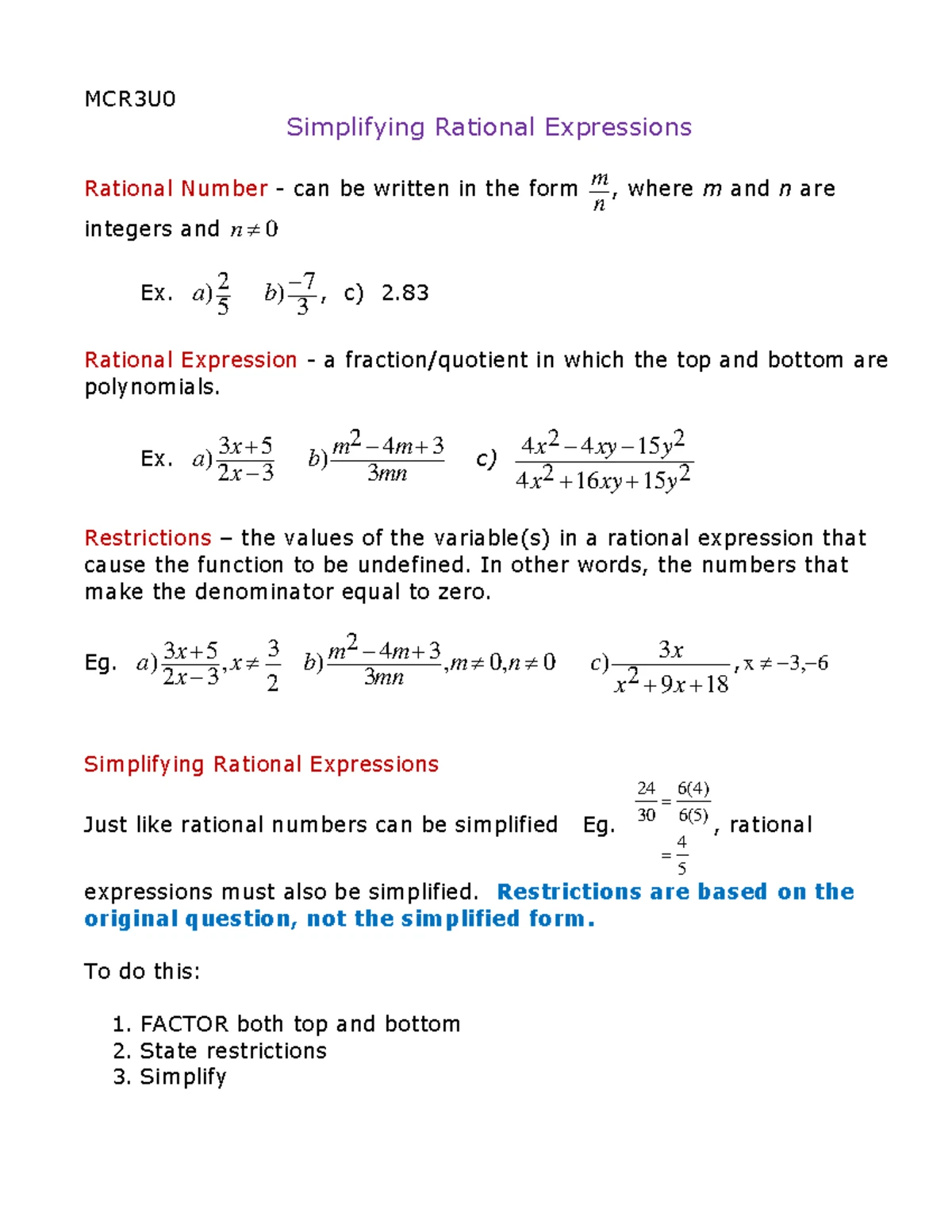 Functions 11 MCR3U Chapter 3 course notes on quadratic functions - Studocu