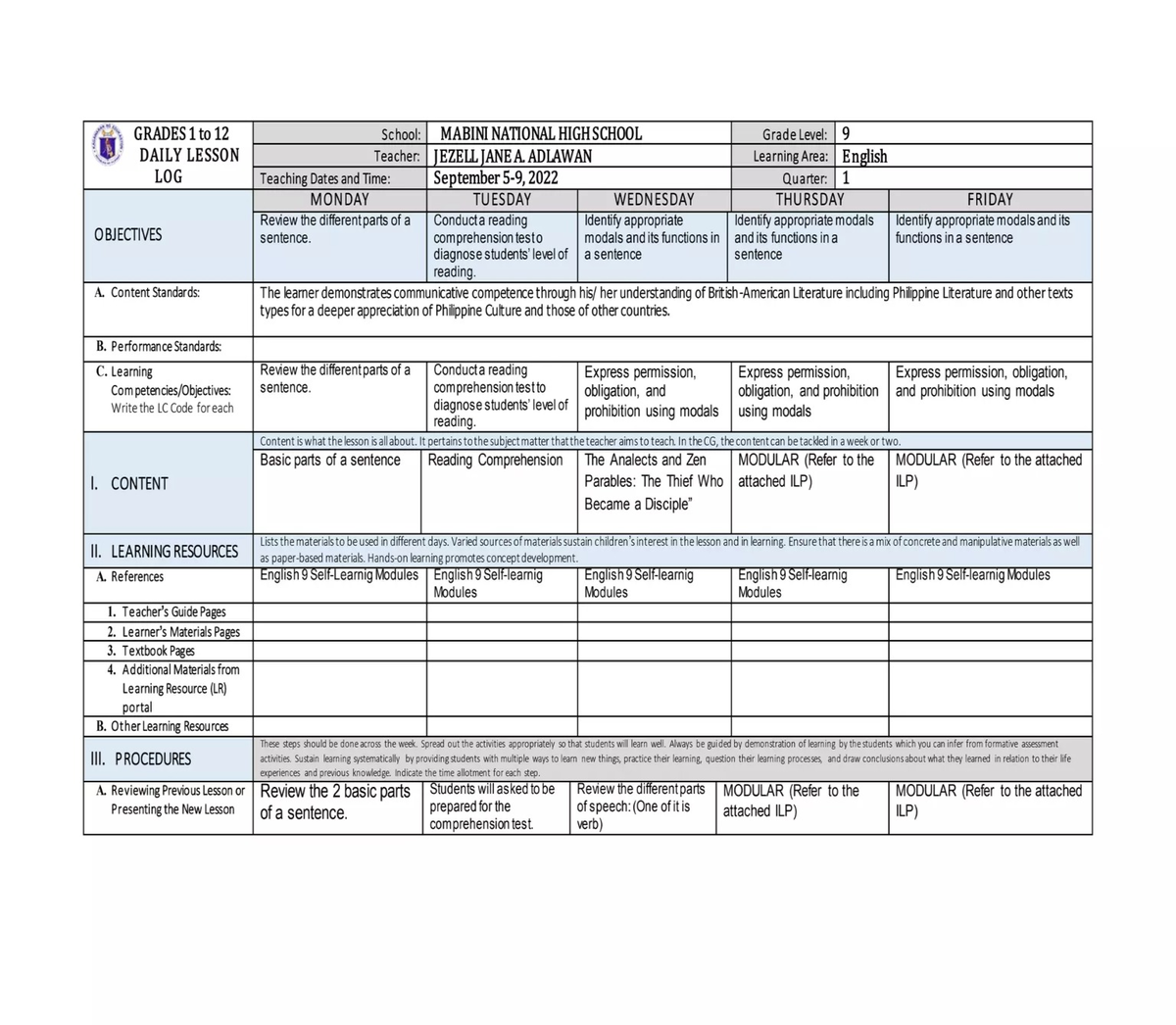 English 9 Daily Lesson Plan: Sentence Structure & Reading Comprehension ...