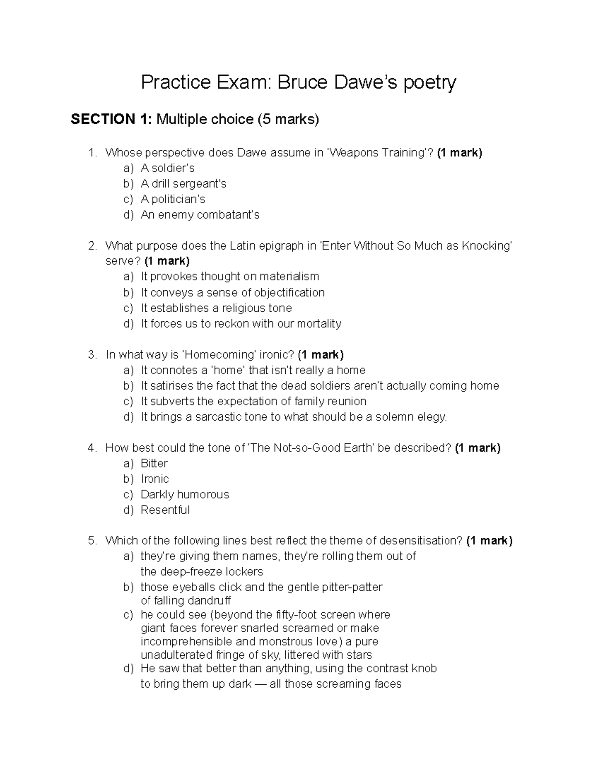 Bruce DAWE Practice EXAM - Practice Exam: Bruce Dawe’s poetry SECTION 1 ...