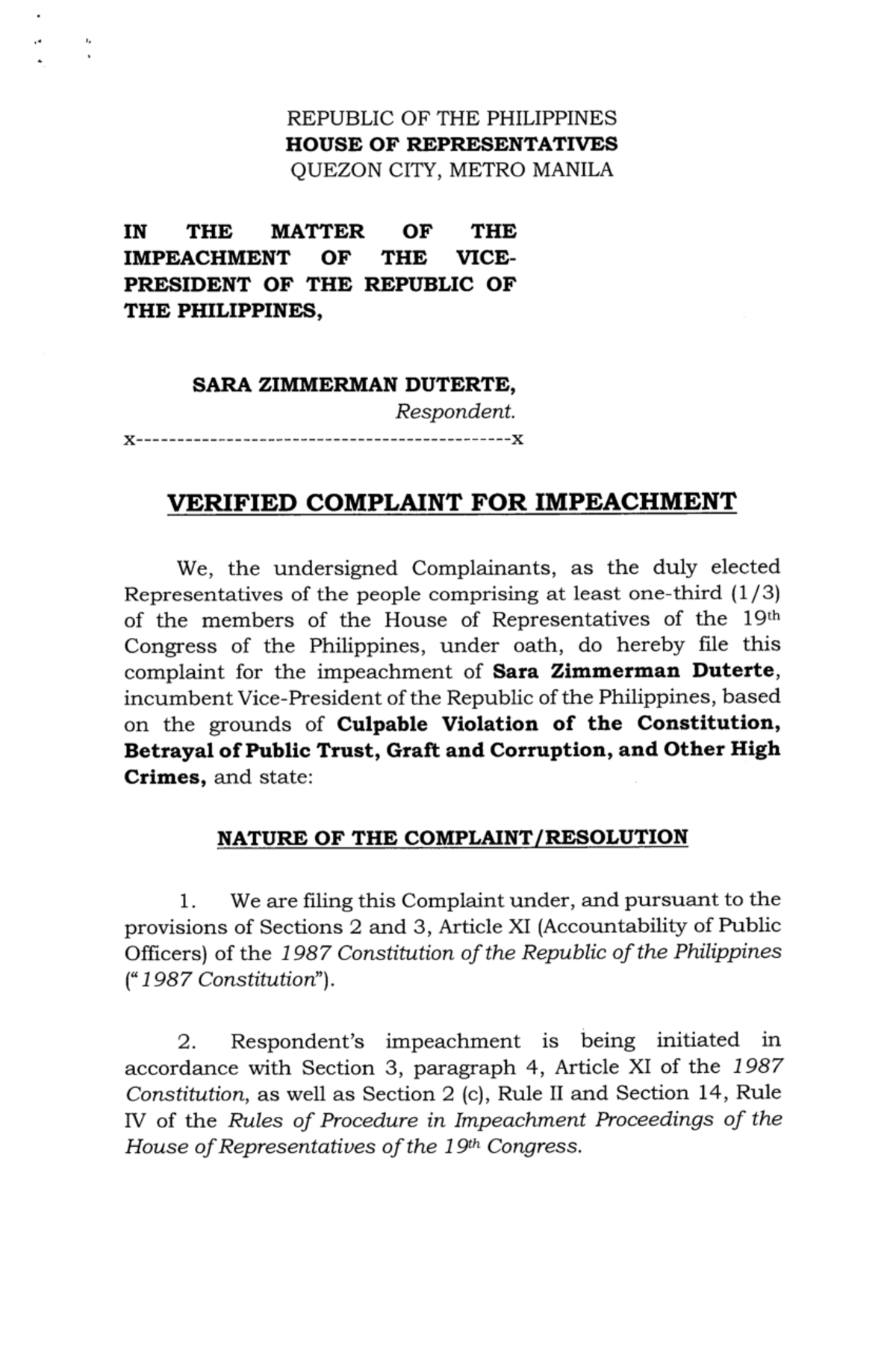 Verified Complaint for Impeachment of VP Sara Duterte (19th Congress ...