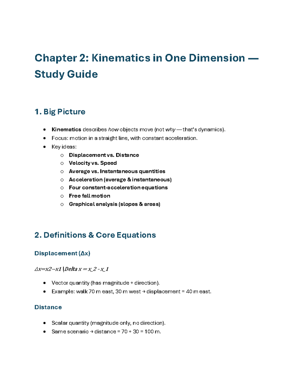Chapter 2: Kinematics in One Dimension Study Guide - Studocu