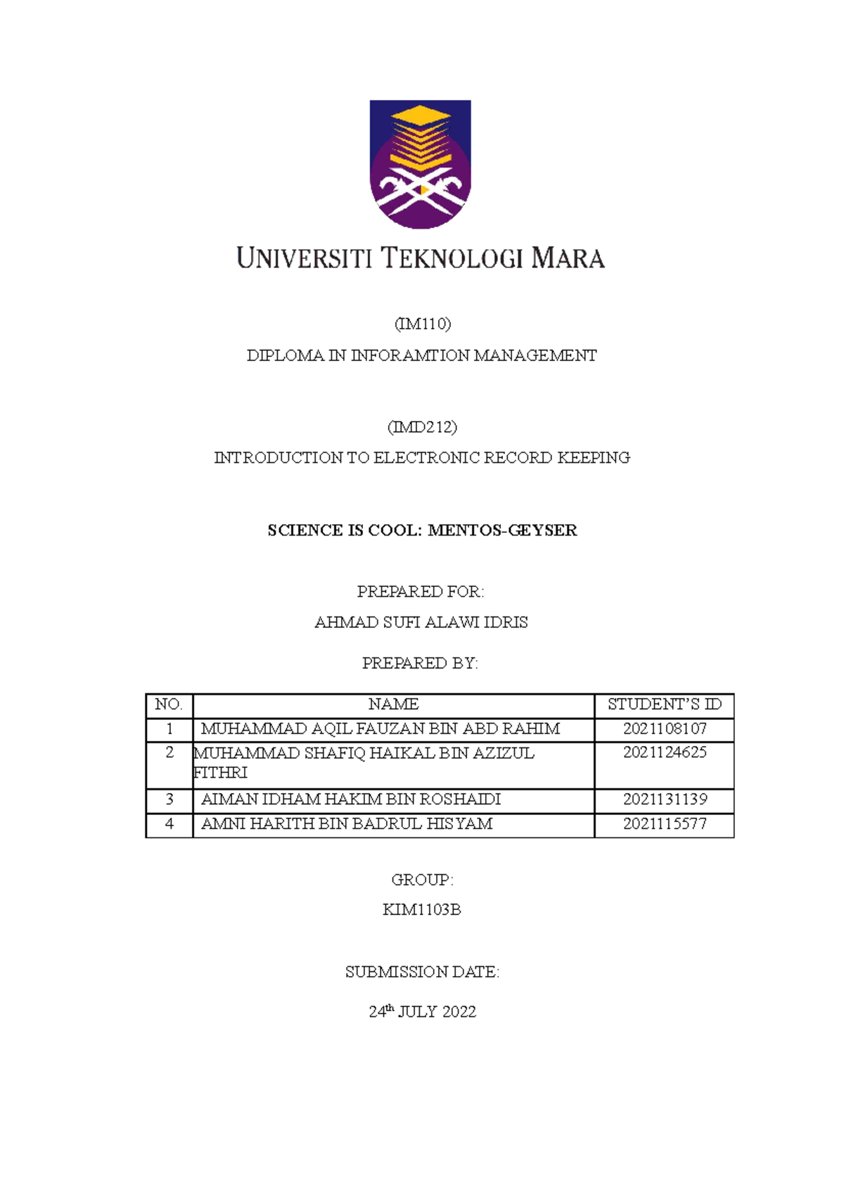 Assignment 3 imd211 old - (IM110) DIPLOMA IN INFORAMTION MANAGEMENT ...