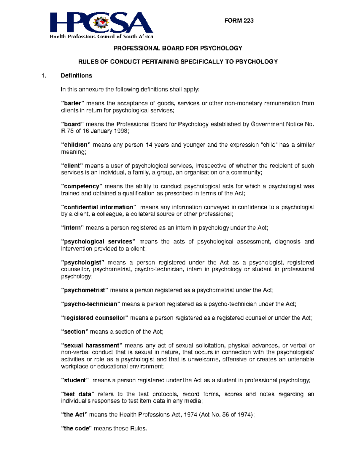 HPCSA Ethical Code of Professional Conduct for Psychologists - Studocu