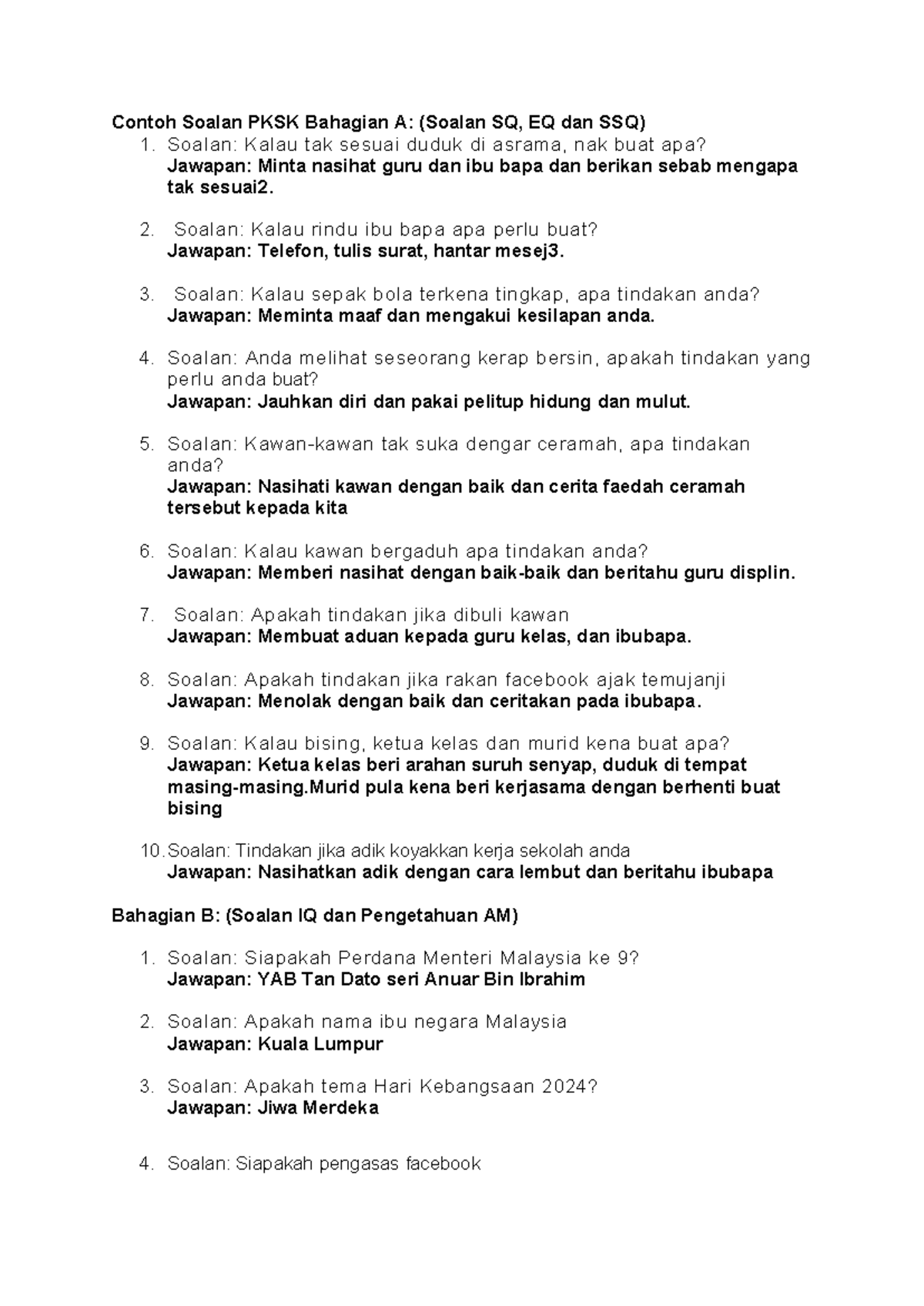 Contoh Soalan PKSK: Bahagian A & B dengan Jawapan Lengkap - Studocu