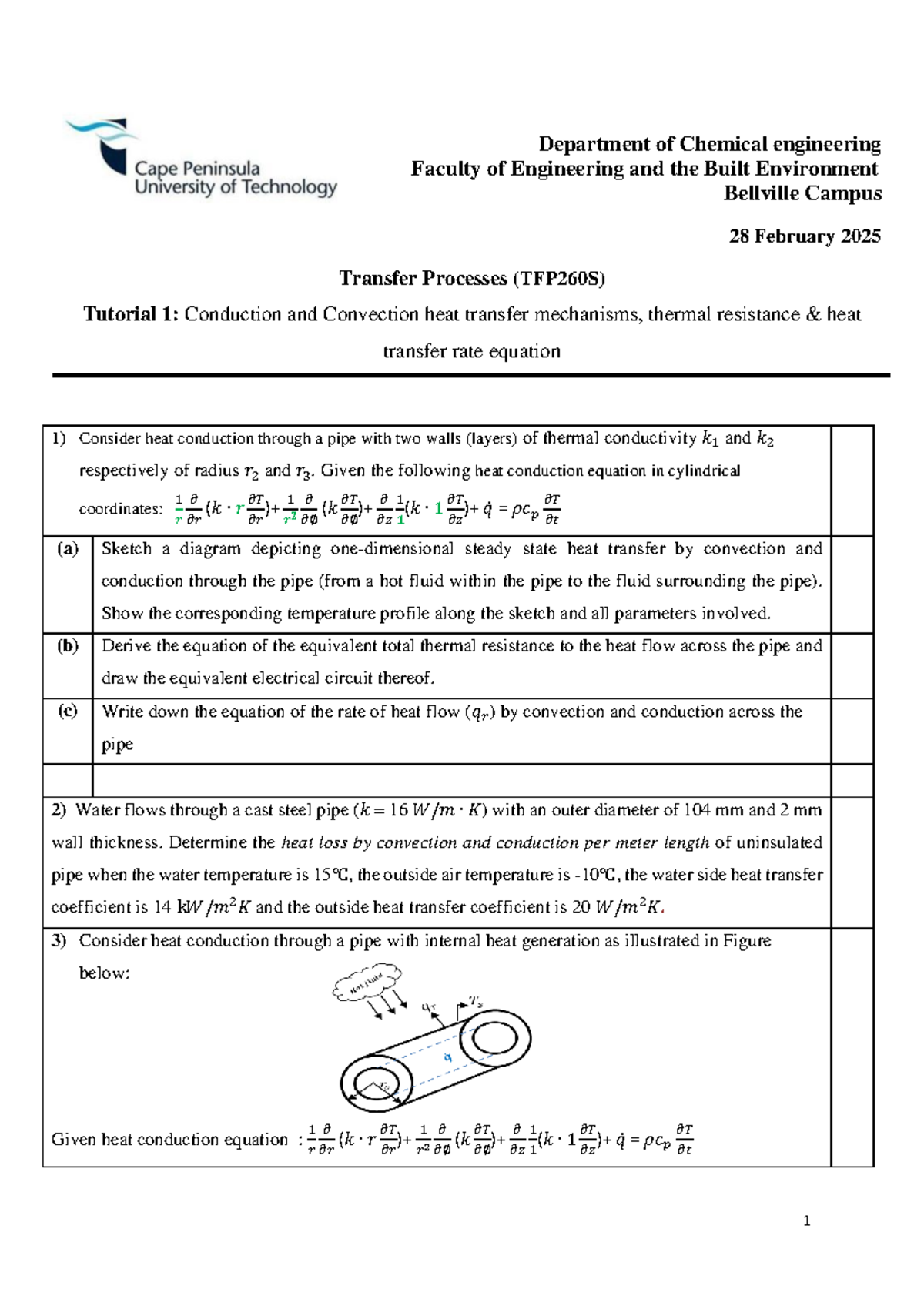 Tutorial Assessment 1 - TFP260S- Heat Transfer mechanisms (28 - 1 ...