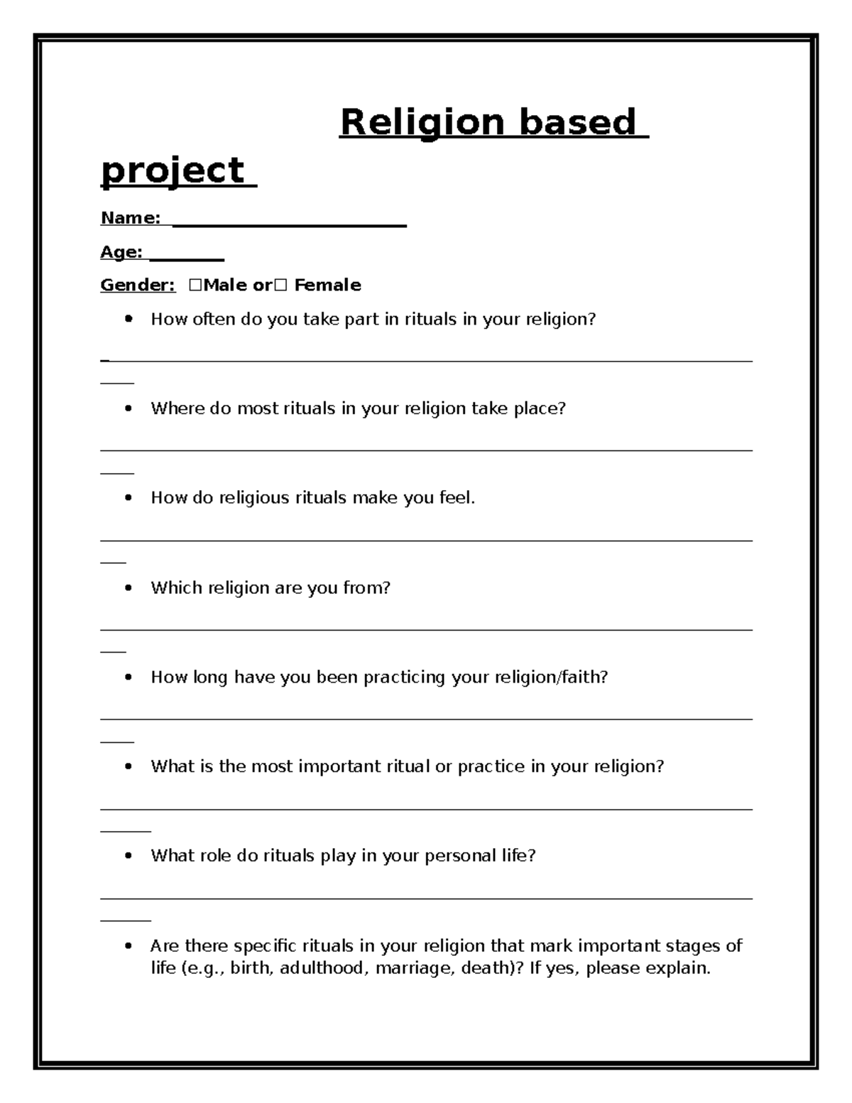 Religion Studies Project: Exploring Rituals and Personal Impact - Studocu