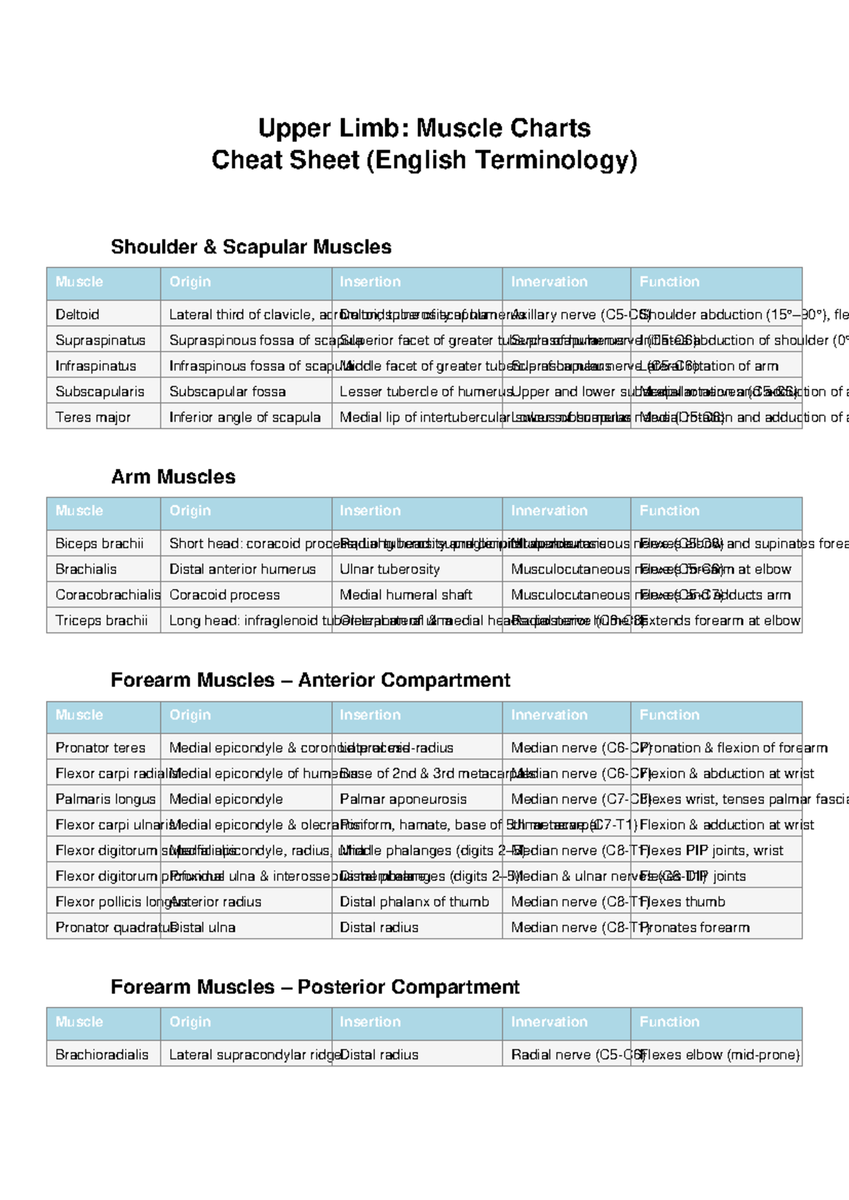 Upper Limb Muscle Chart Cheat Sheet (Anatomy Study) - Studocu