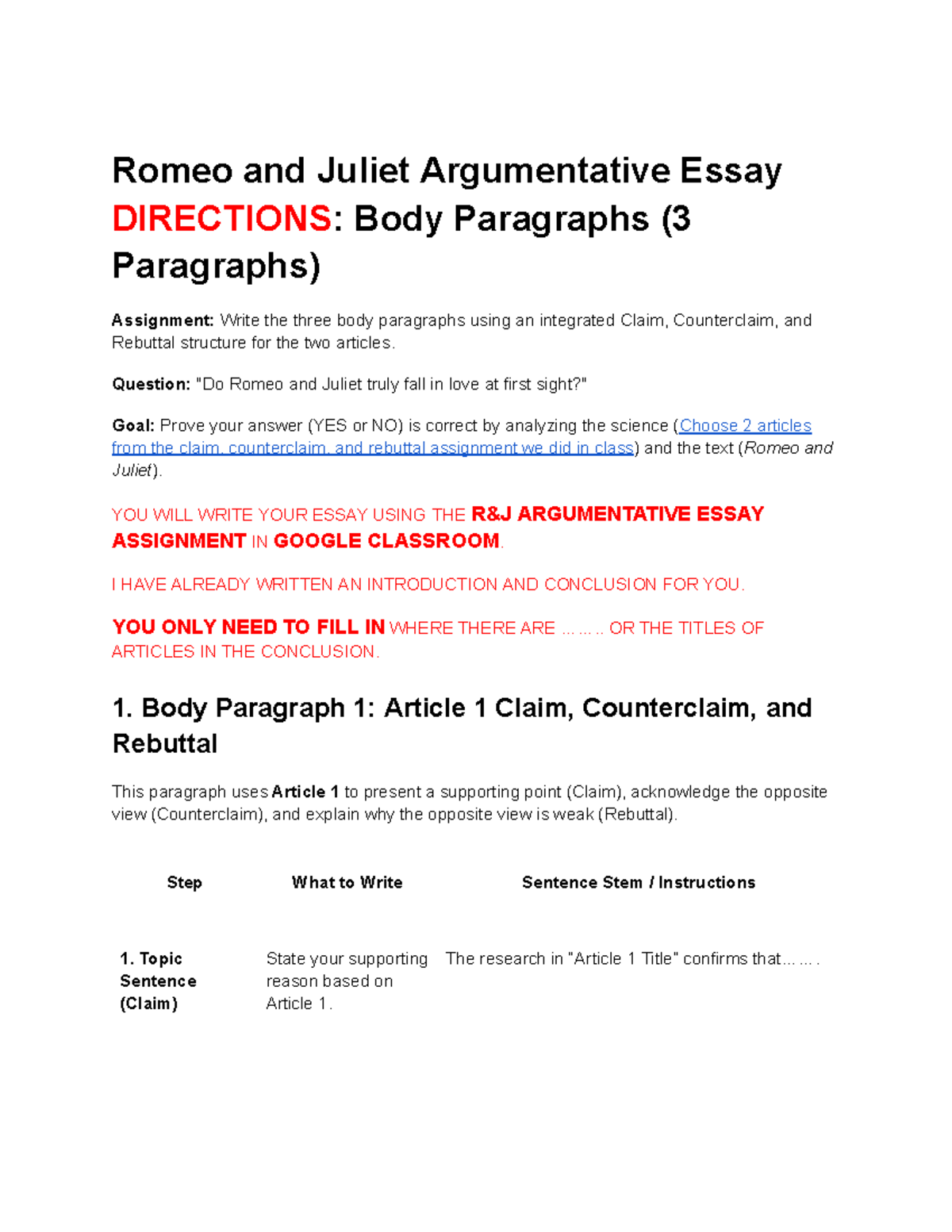 Romeo and Juliet Argumentative Essay Directions (ENG 101) - Studocu
