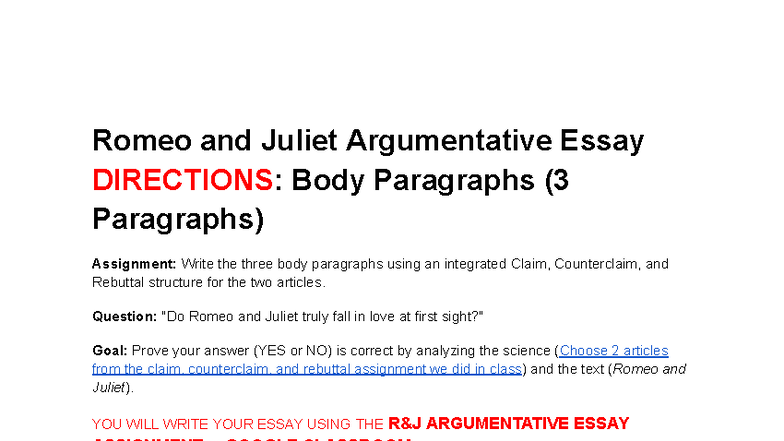 Romeo and Juliet Argumentative Essay Directions (ENG 101) - Studocu