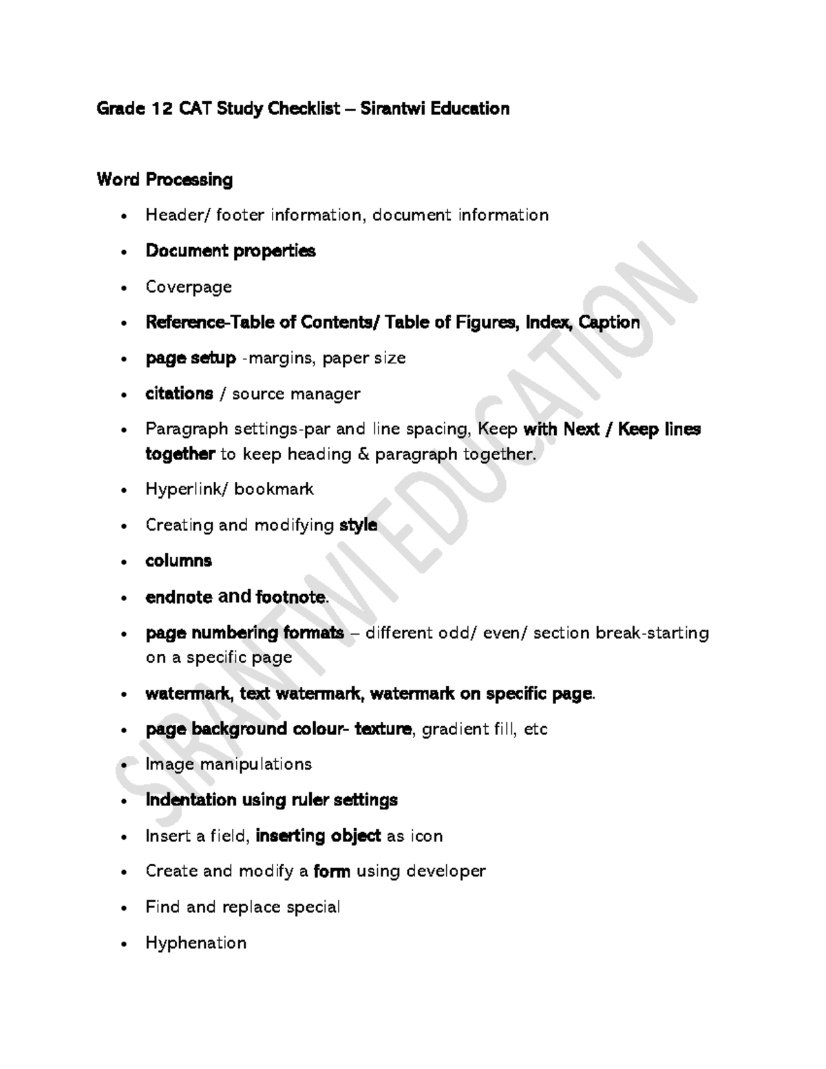 Grade 12 CAT Study Checklist P1 - Word Processing Techniques - Studocu