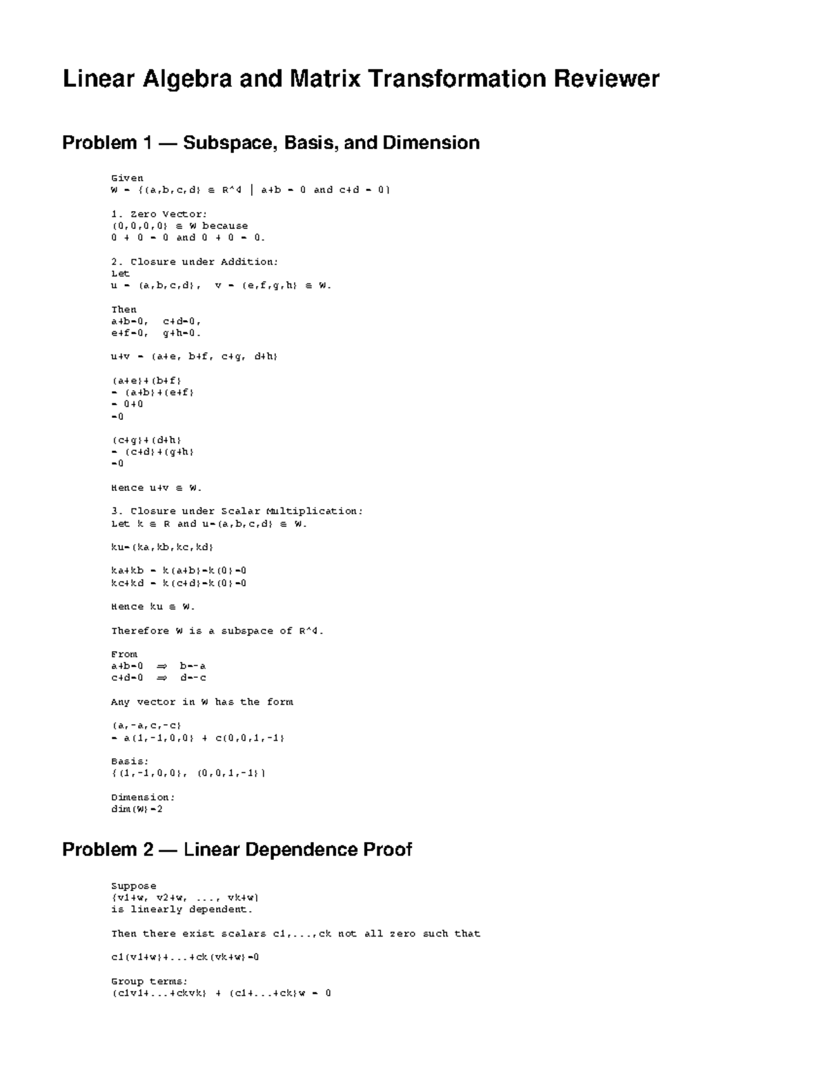 Linear Algebra (MATH 201) Reviewer: Subspaces, Bases, and ...