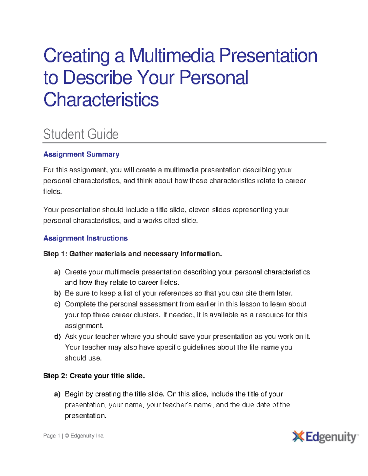 U1L3 Multimedia Presentation Guide: Personal Characteristics & Careers ...