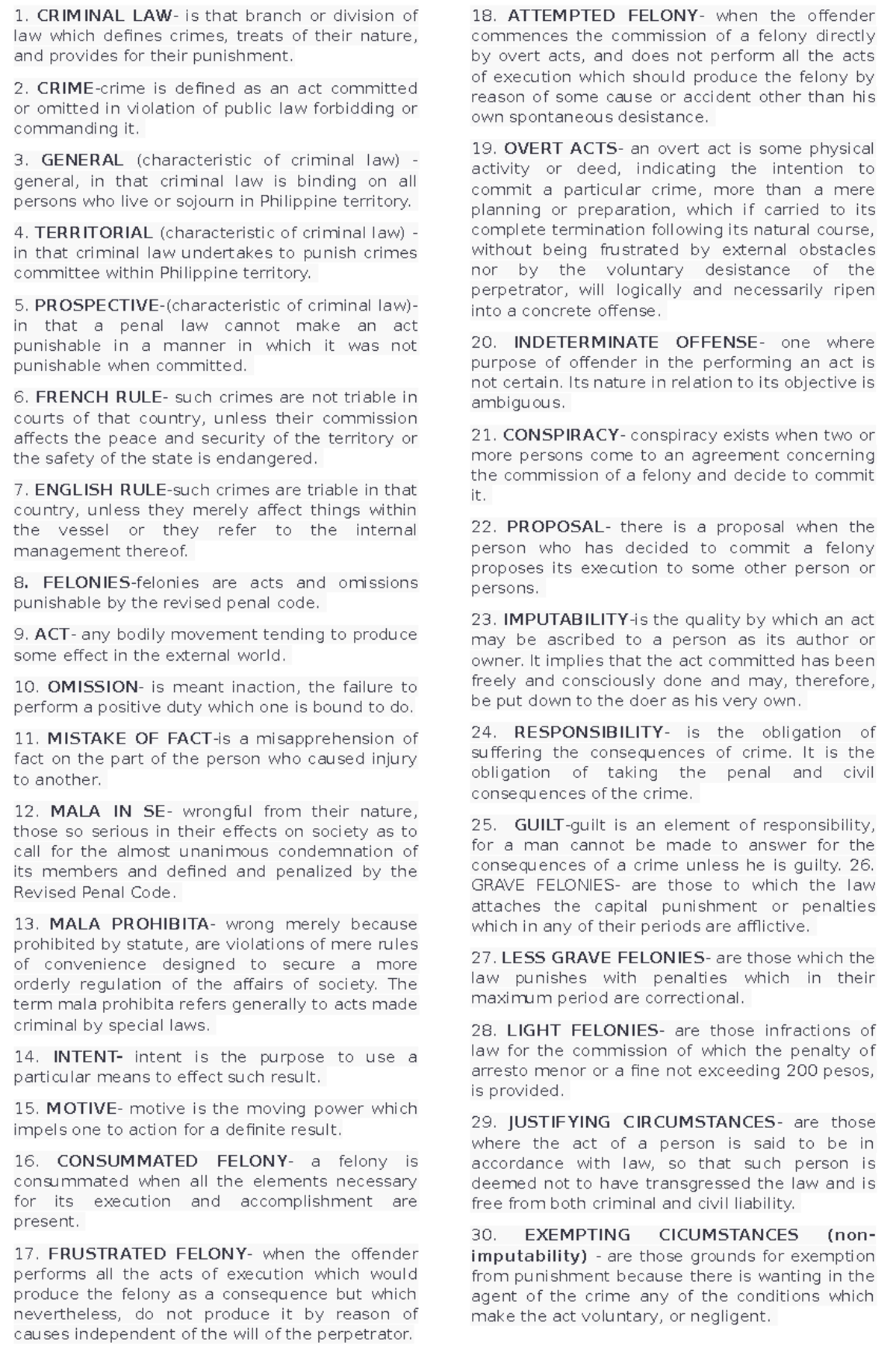 Criminal Law Terminology Definitions for LAW 101 - Studocu