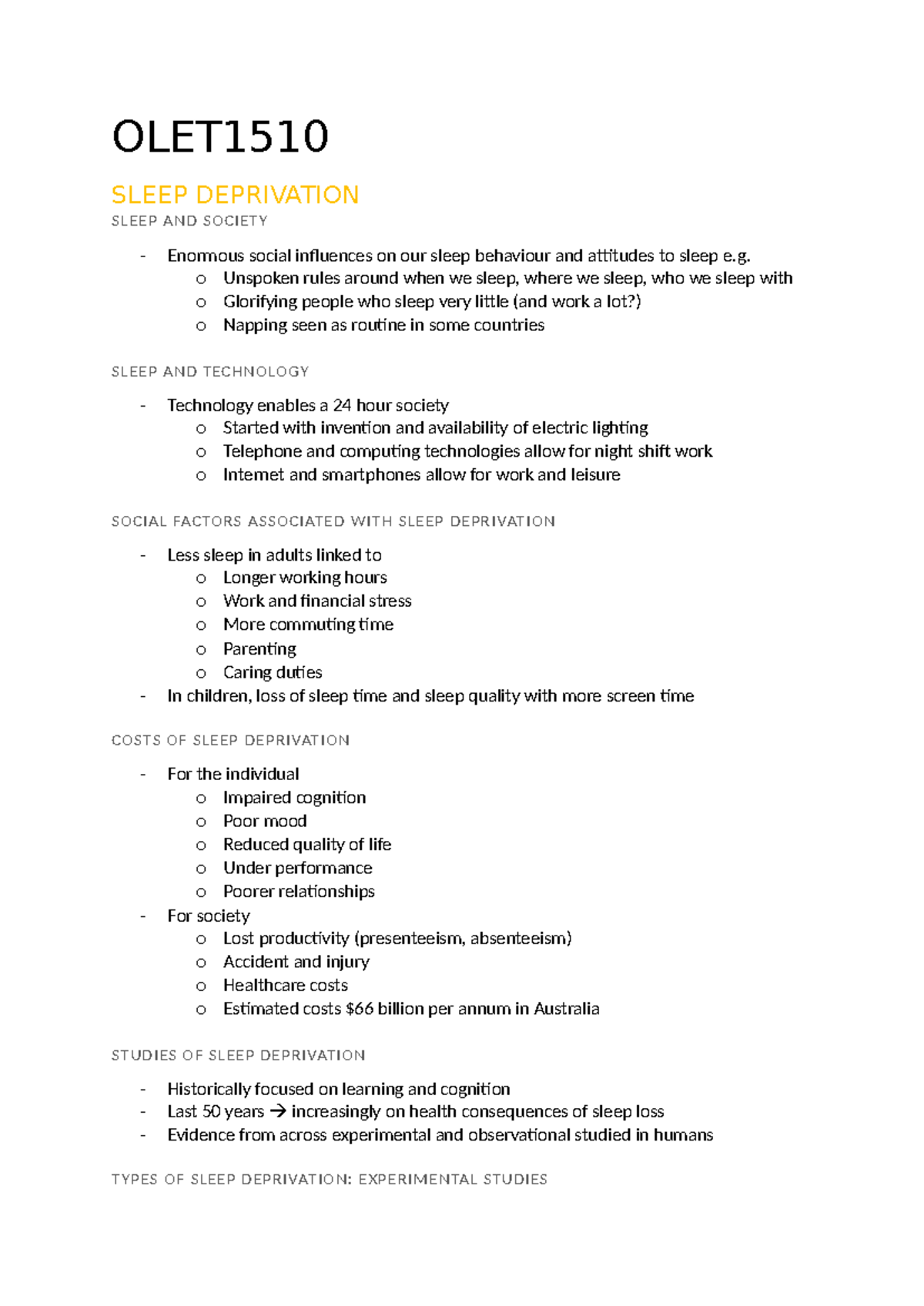 OLET1510 Final Exam Study Notes: Sleep Deprivation & Society - Studocu