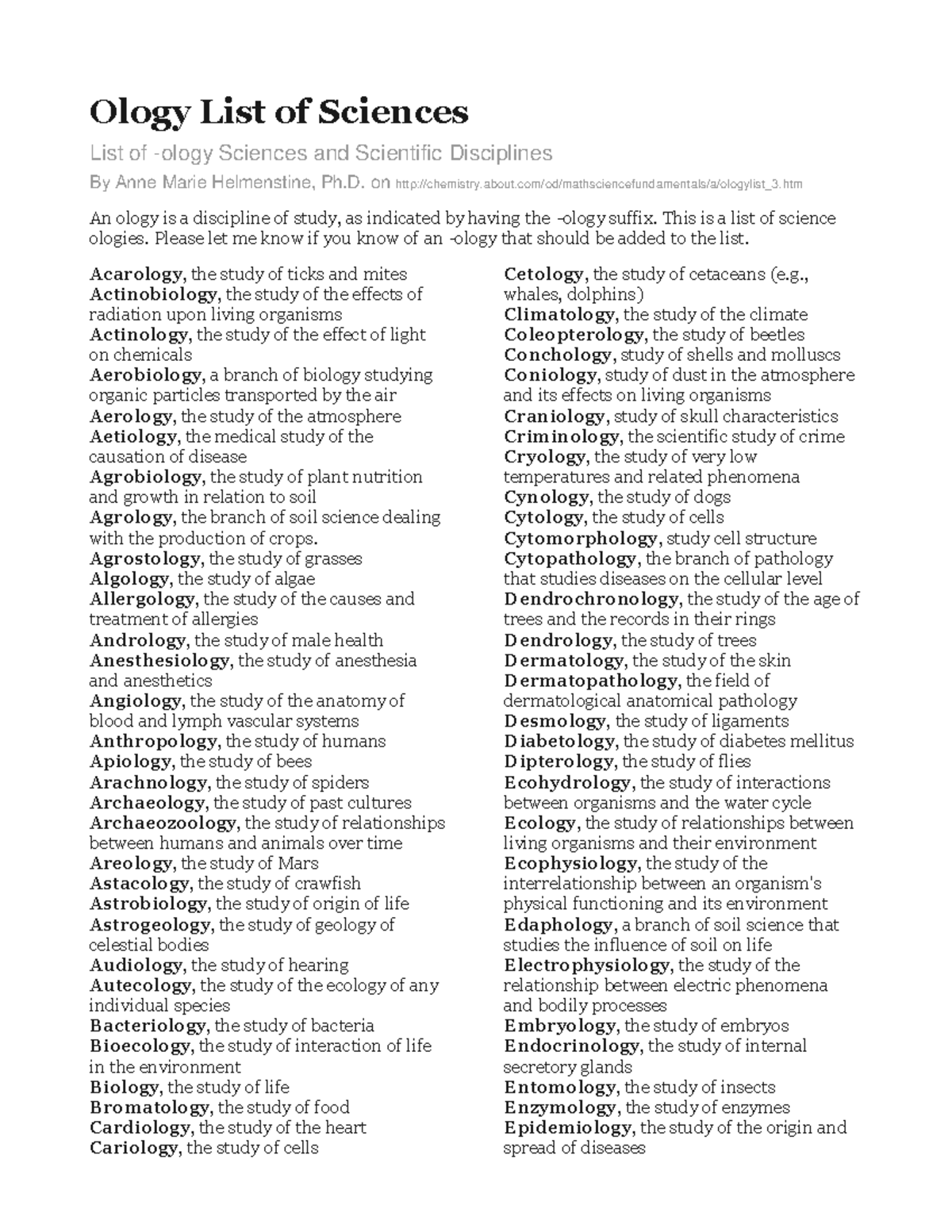 Ology Sciences: Comprehensive List of -ology Disciplines - Studocu