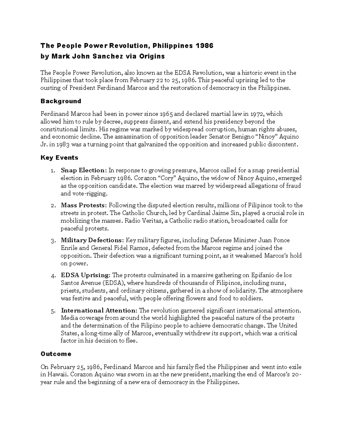 The People Power Revolution: 1986 EDSA Uprising Overview by M.J ...