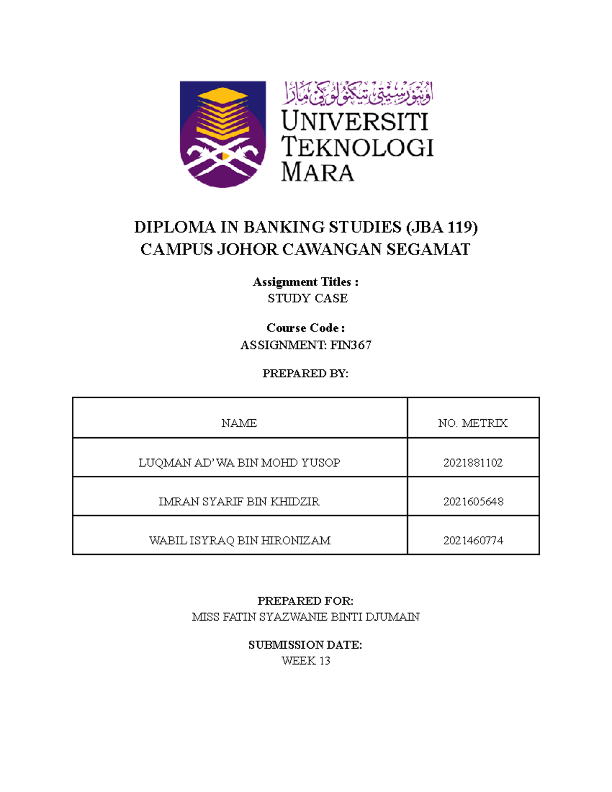 Assignment Report: Case Study on Loan Proposal for FIN367 - Studocu