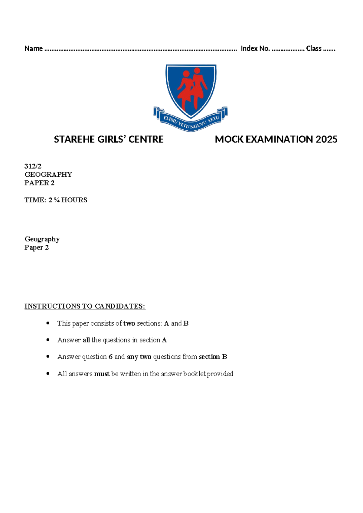 GEO 2025 Mock Exam Paper 2: Geography Insights and Analysis - Studocu