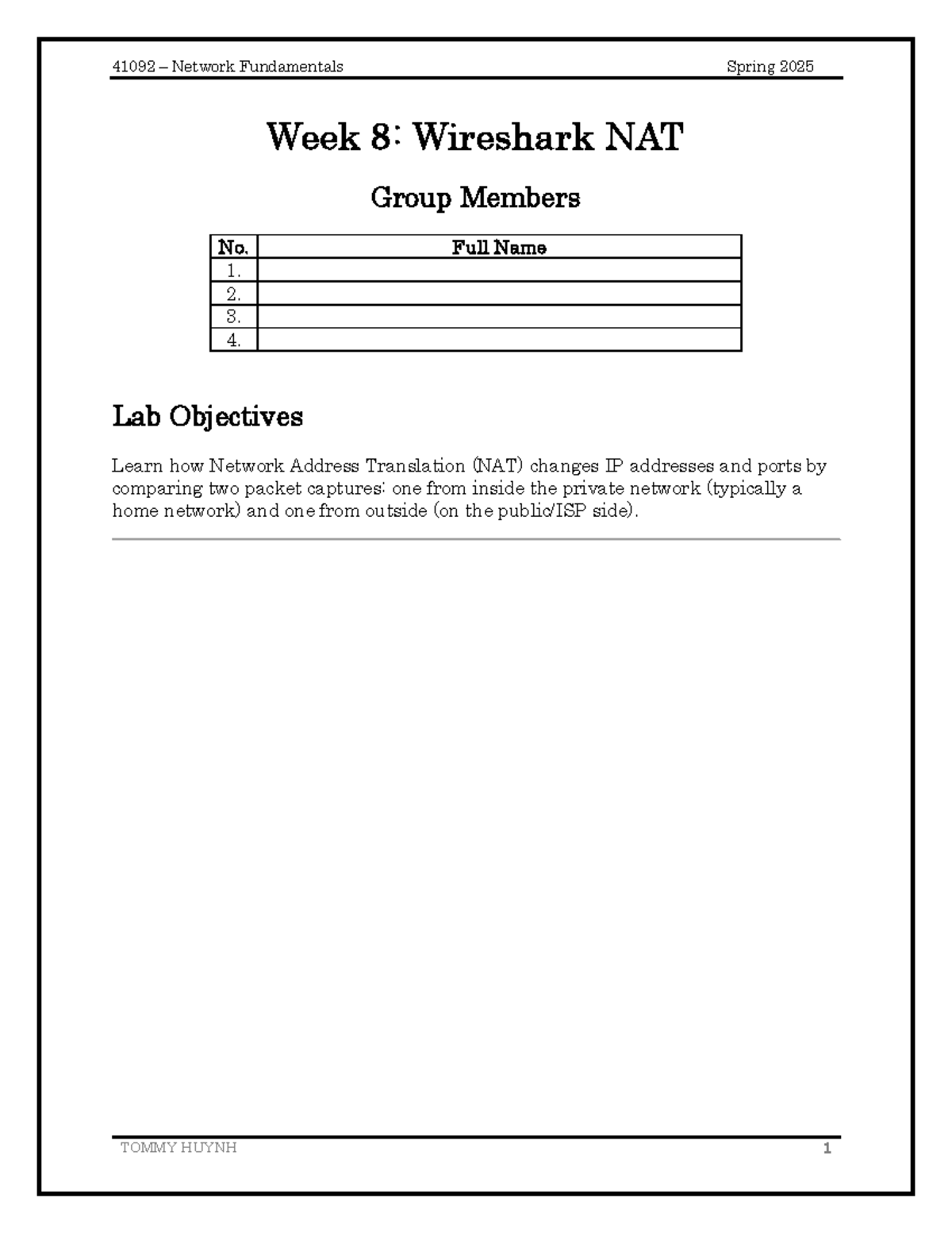 41092 Network Fundamentals Spring 2025 Week 8 Lab: Wireshark NAT ...
