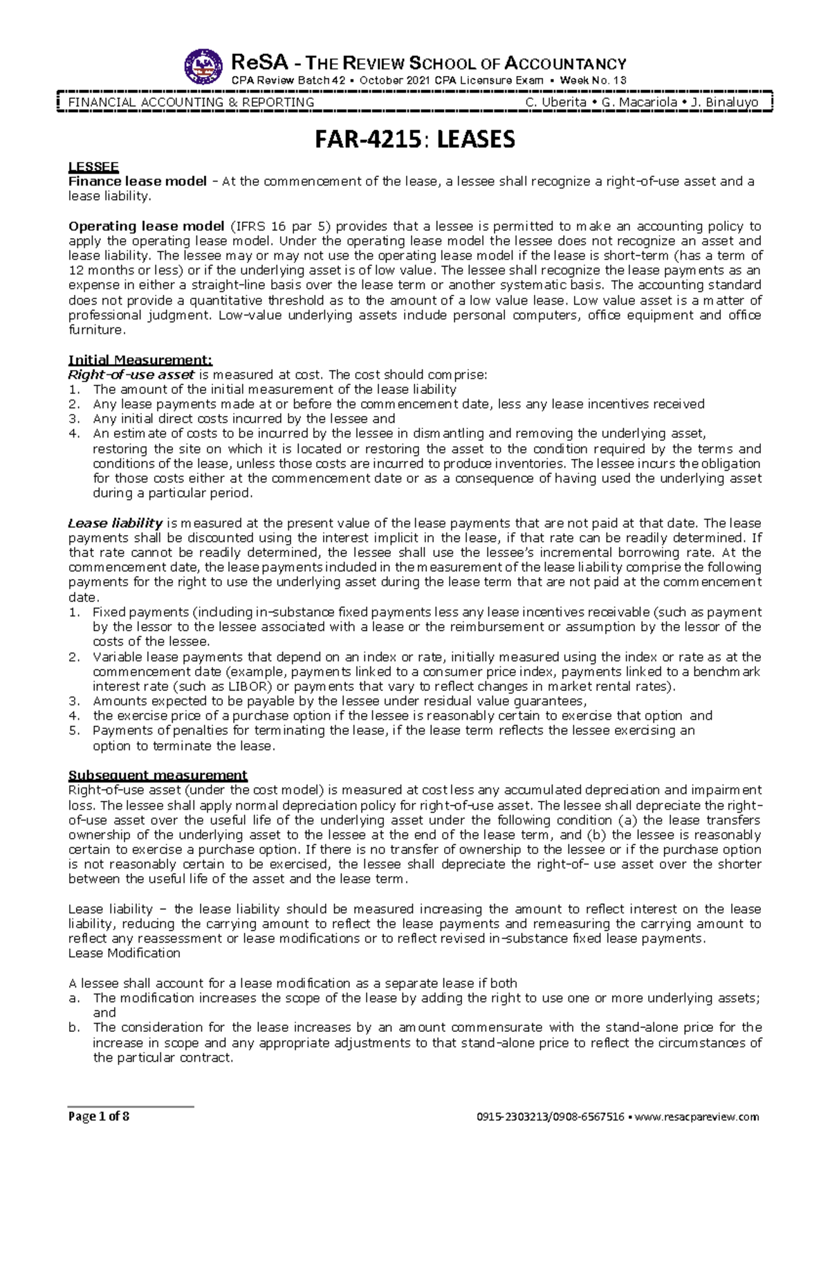 Reviewer - Leases (ReSA CPA Review Batch 42, Week 13) - Studocu