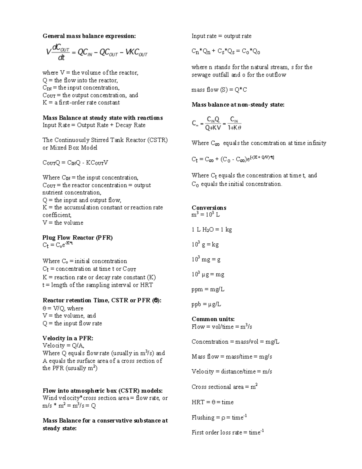 CEE357 Mass Balance Equations for CSTR and PFR - MT#2 2024 - Studocu