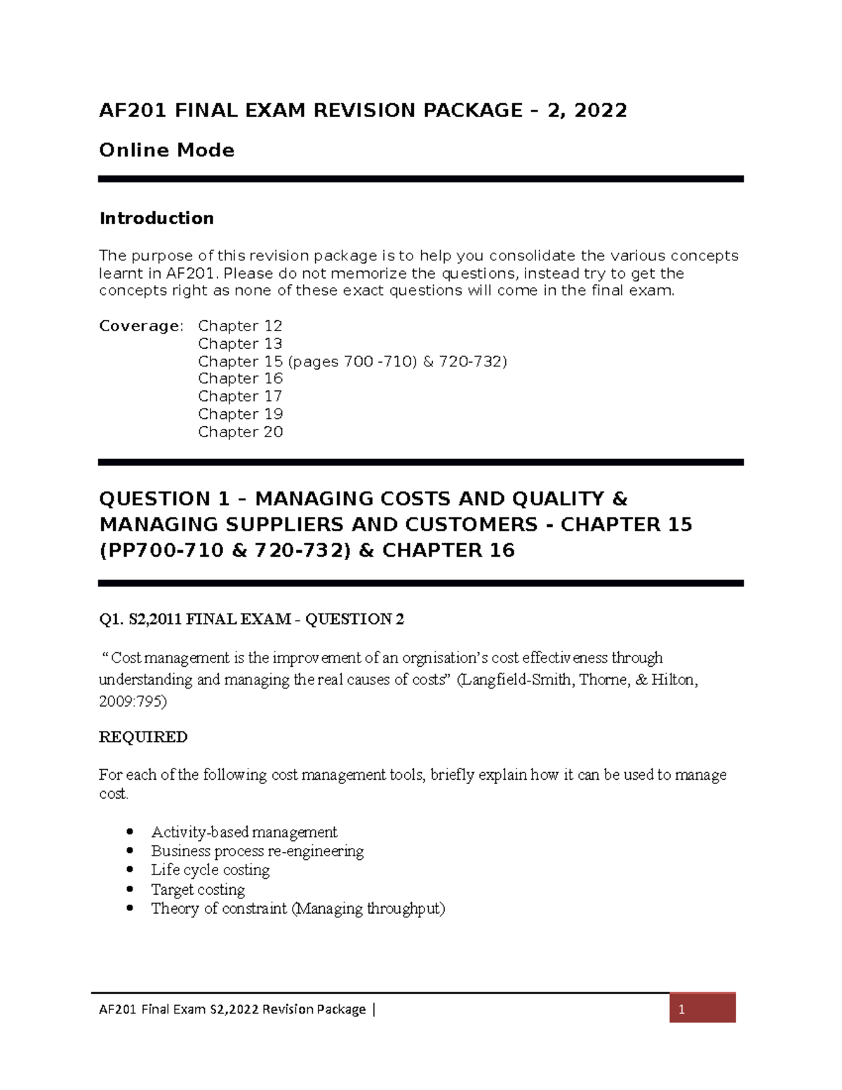 AF201 Final Exam Revision Package - Semester 2, 2022 Overview - Studocu