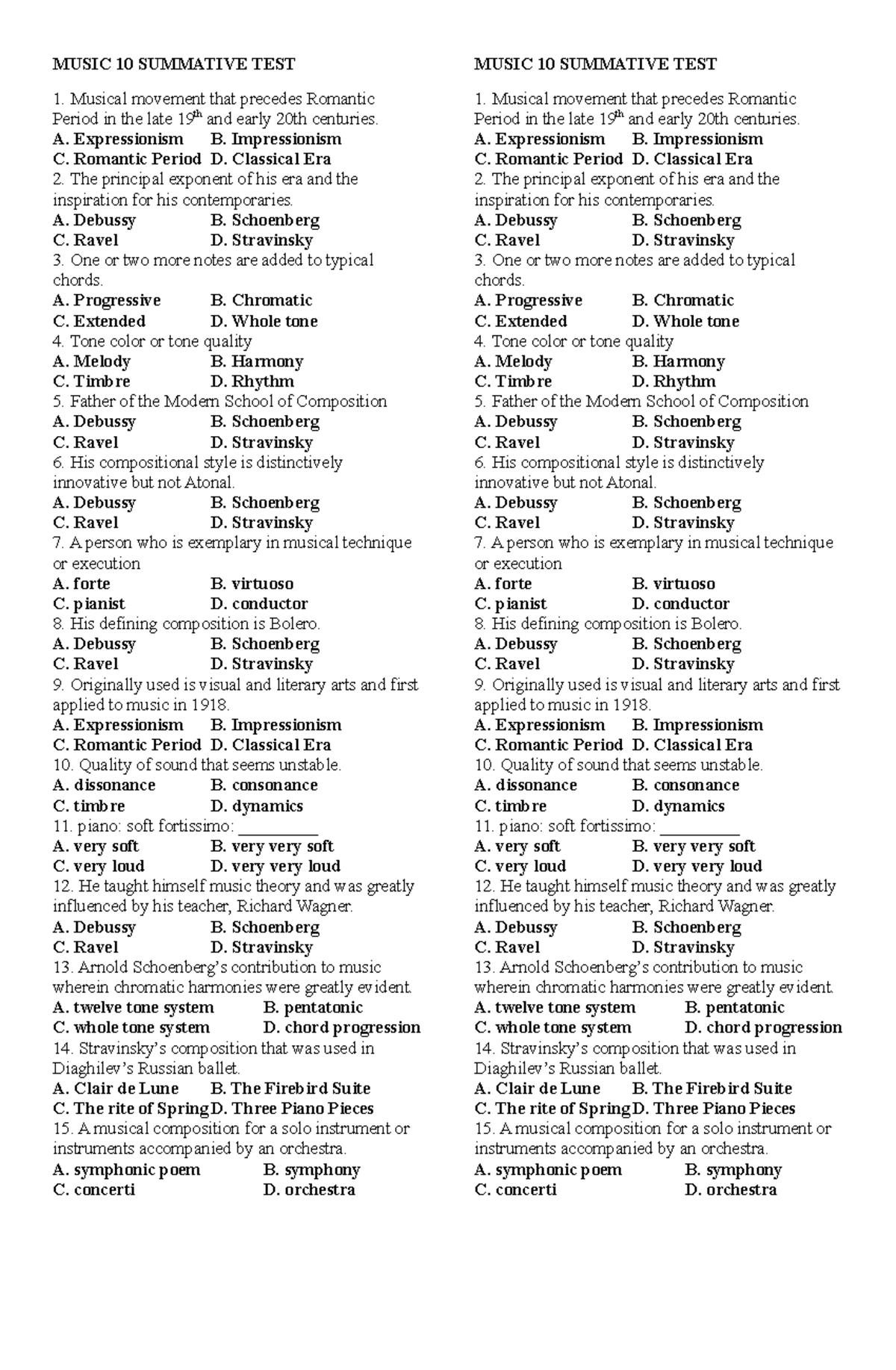 MUSIC 10 Summative Test: Key Concepts and Questions - Studocu
