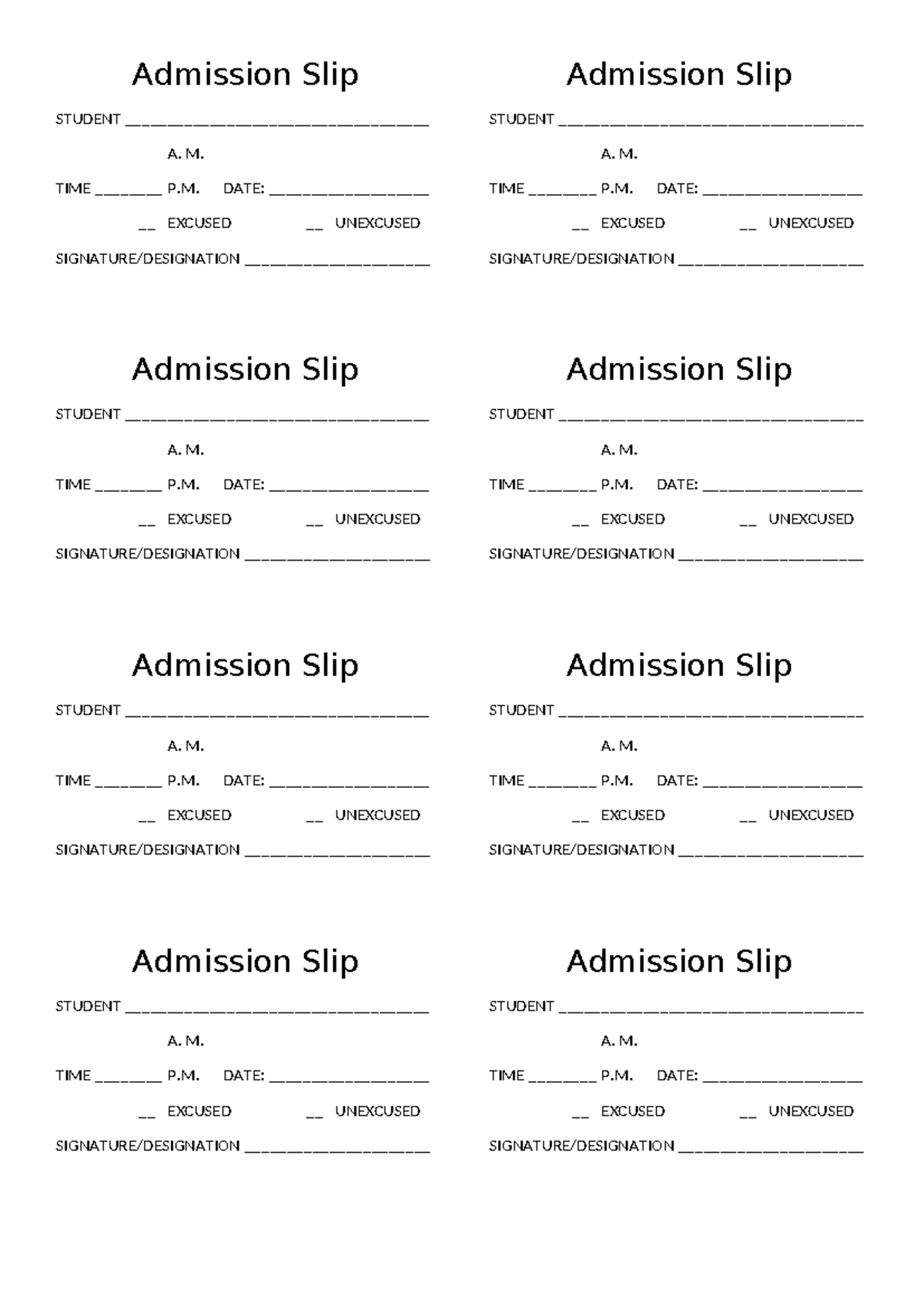 Admission Slip - Used by teachers to re-admit their students in cases ...
