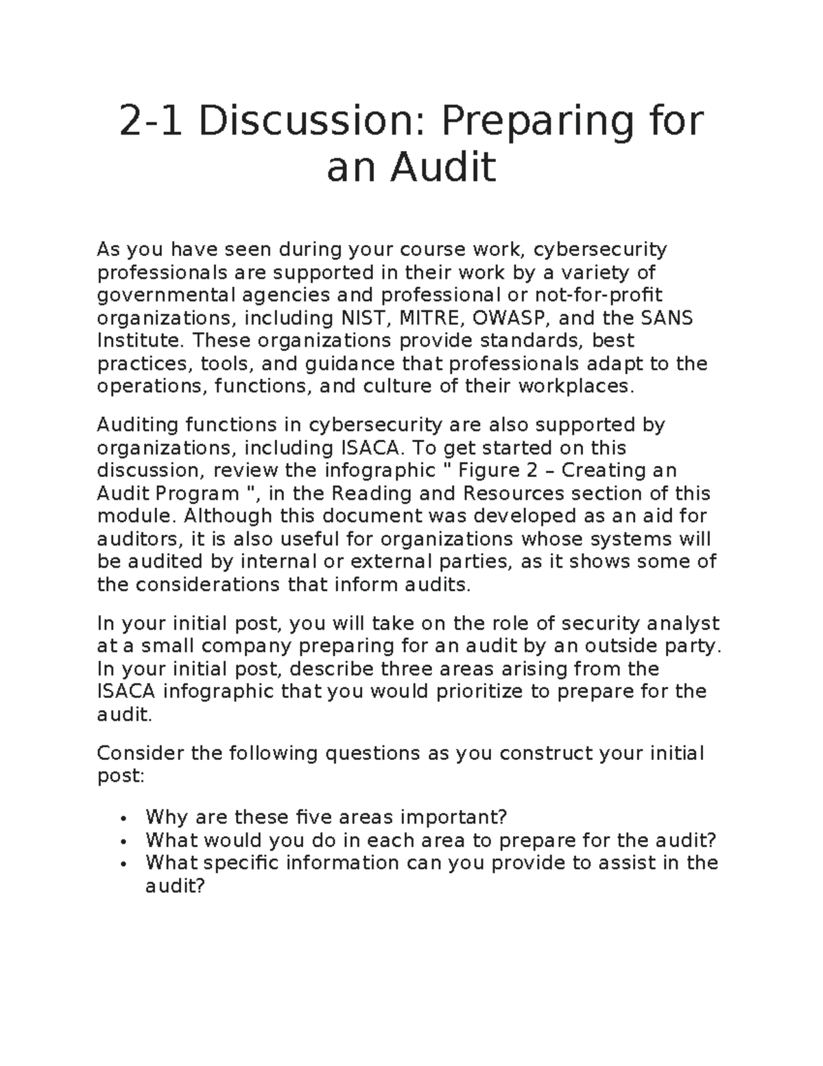 2-1 Discussion: Cybersecurity Audit Preparation Insights - Studocu