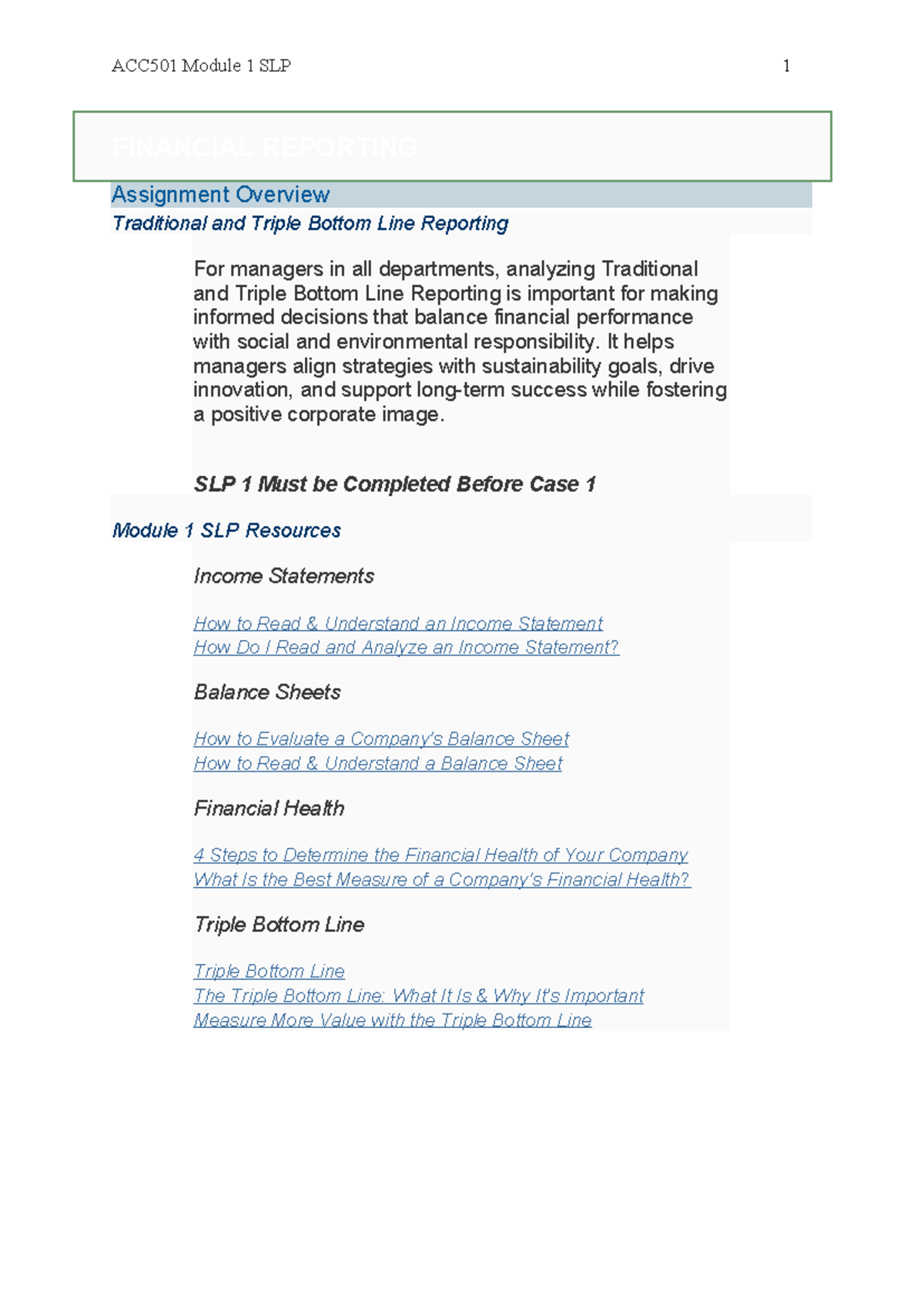 ACC501 Module 1 SLP - Analyzing Traditional vs. Triple Bottom Line ...