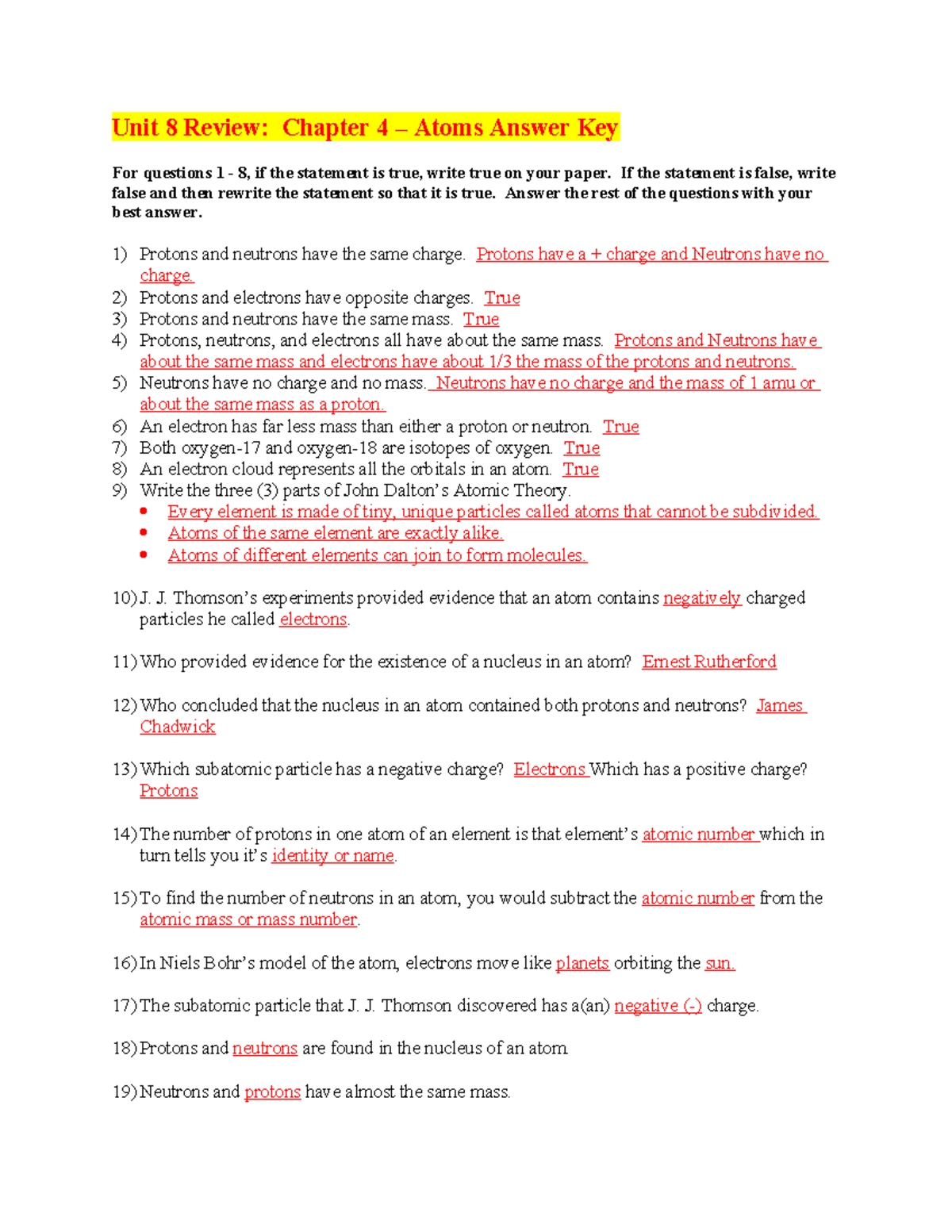 Unit 8 Review Chapter 4 Atoms Answer Key - Unit 8 Review: Chapter 4 ...