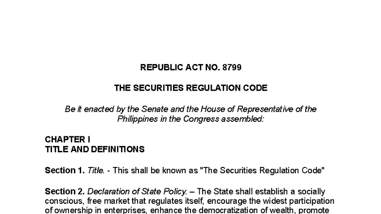 Securities Regulation Code (RA 8799): Comprehensive Overview - Studocu