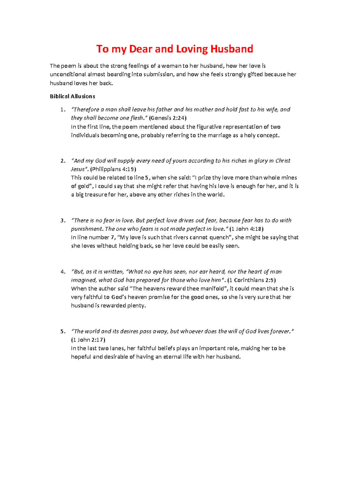 To my Dear and Loving Husband Analysis - To my Dear and Loving Husband ...