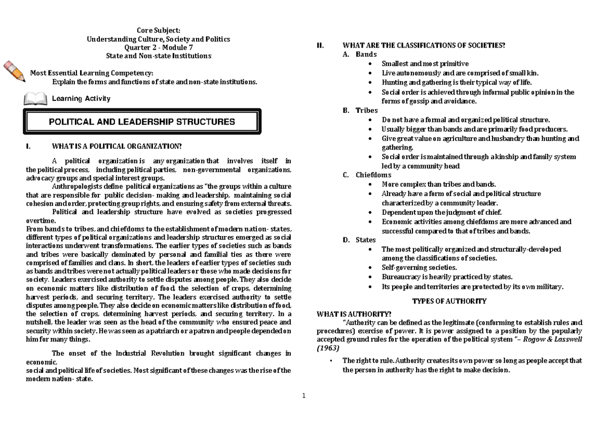 Q2 - Module 7: State and Non-State Institutions in Society & Politics ...