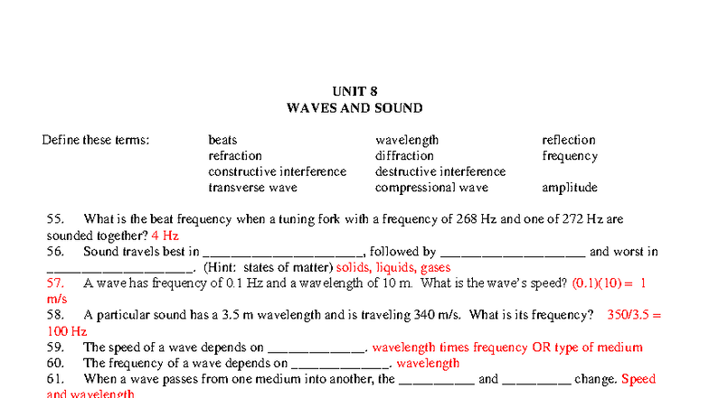 PHY 006636755 Unit 8: Waves and Sound Exam Notes - Studocu