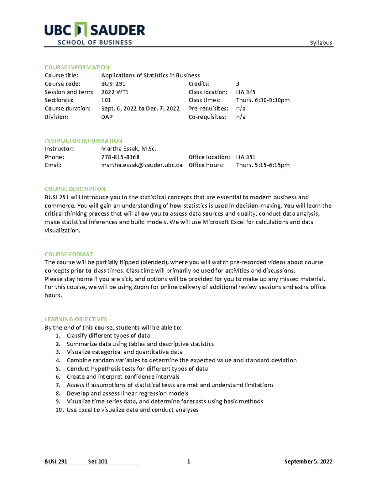 BUSI 291 Sec 101 Course Outline and Schedule for Winter 2022 - Studocu