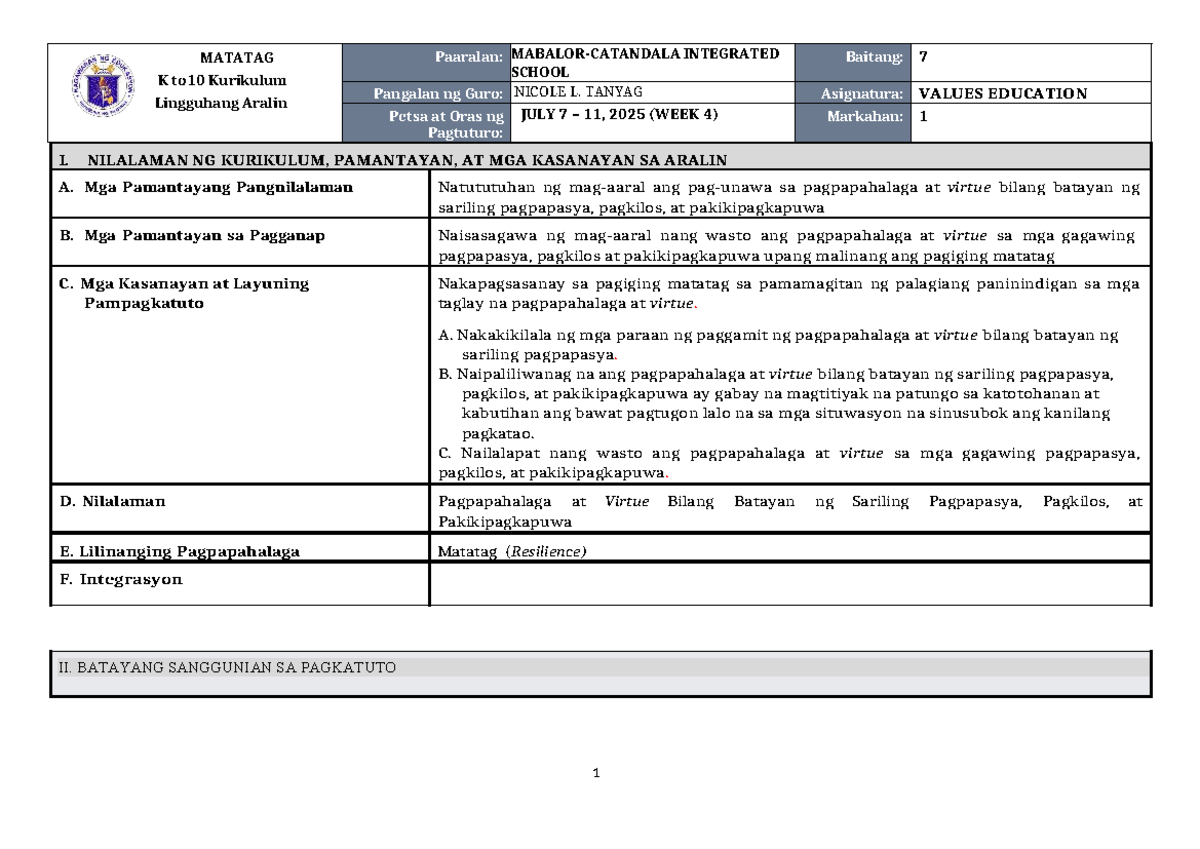 DLL Matatag Values Education 7 Week 4 Curriculum Guide - Studocu