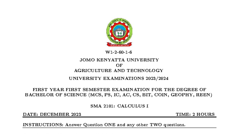 SMA 2101: Calculus I Exam - December 2023 Questions and Solutions - Studocu