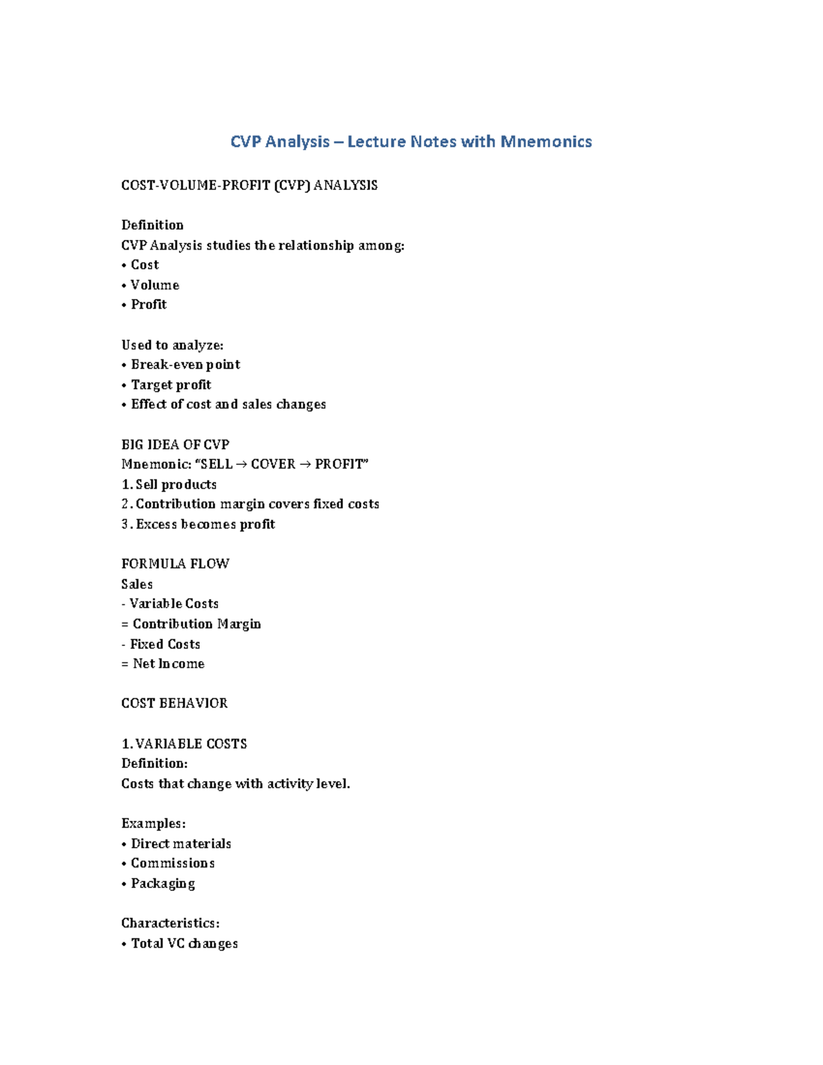 CVP Analysis Lecture Notes with Mnemonics (CVP) - Studocu