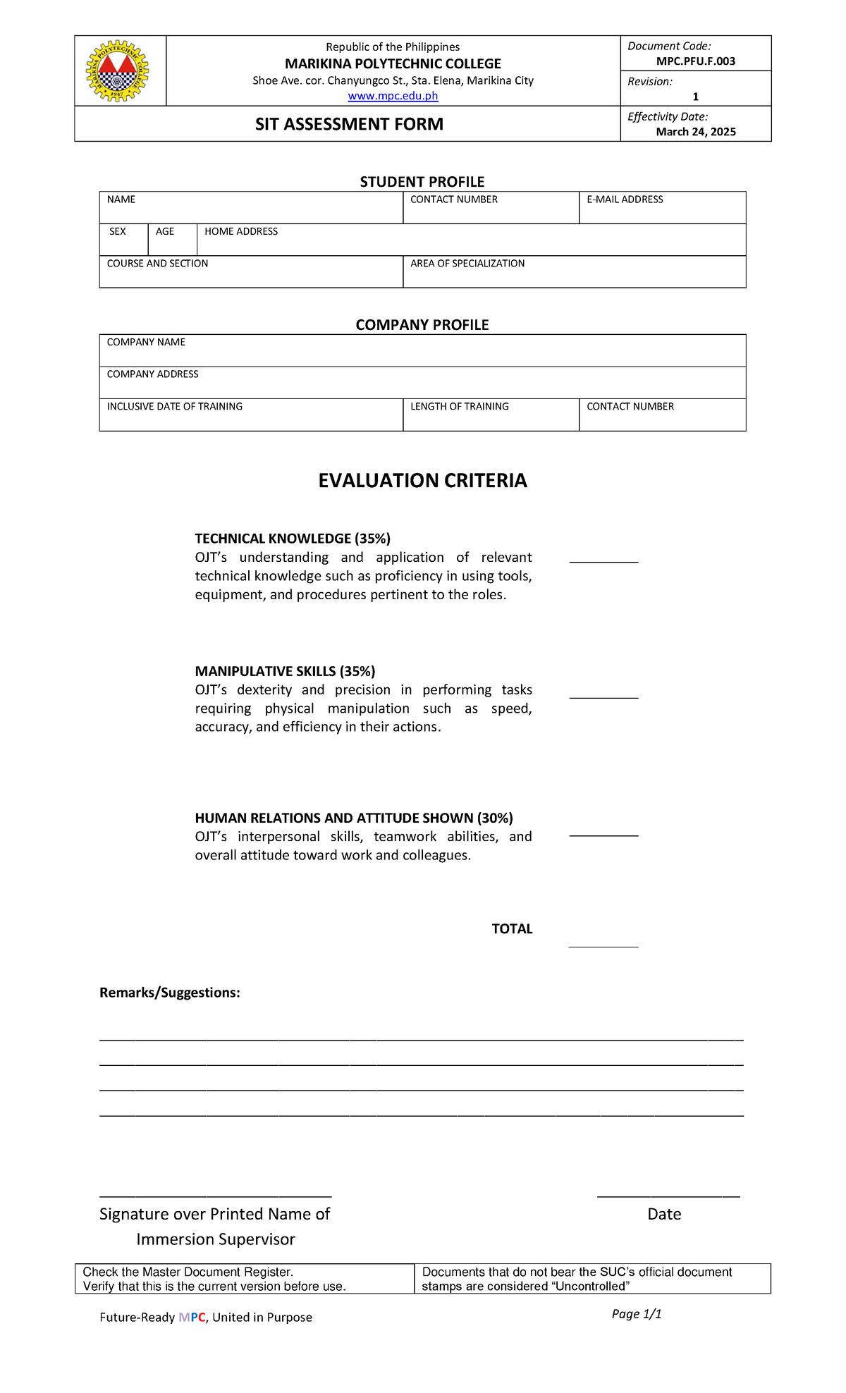 SIT Assessment Form - MPC.PFU.F.003 for Student Profile Evaluation ...