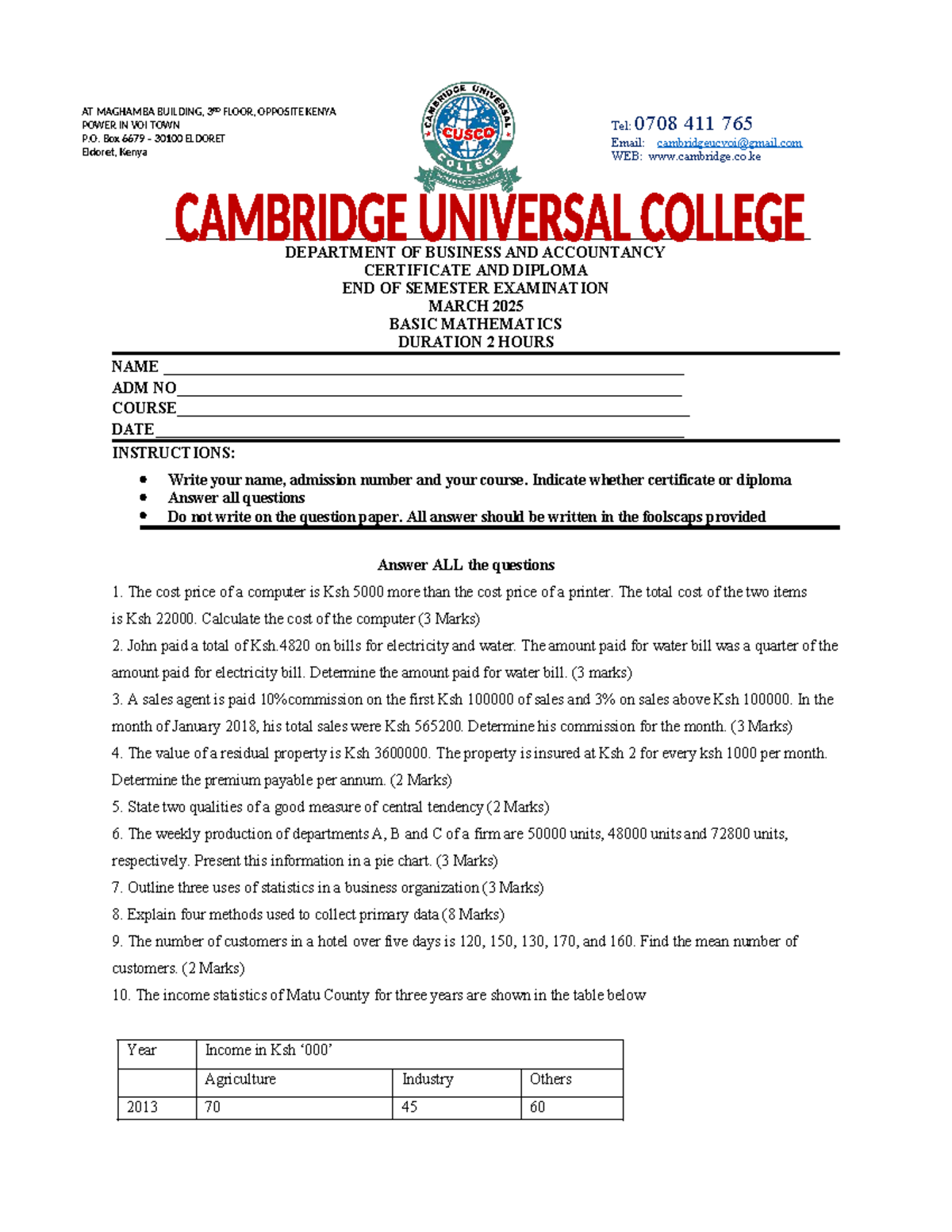 Basic Mathematics End of Semester Exam - March 2025 - Studocu