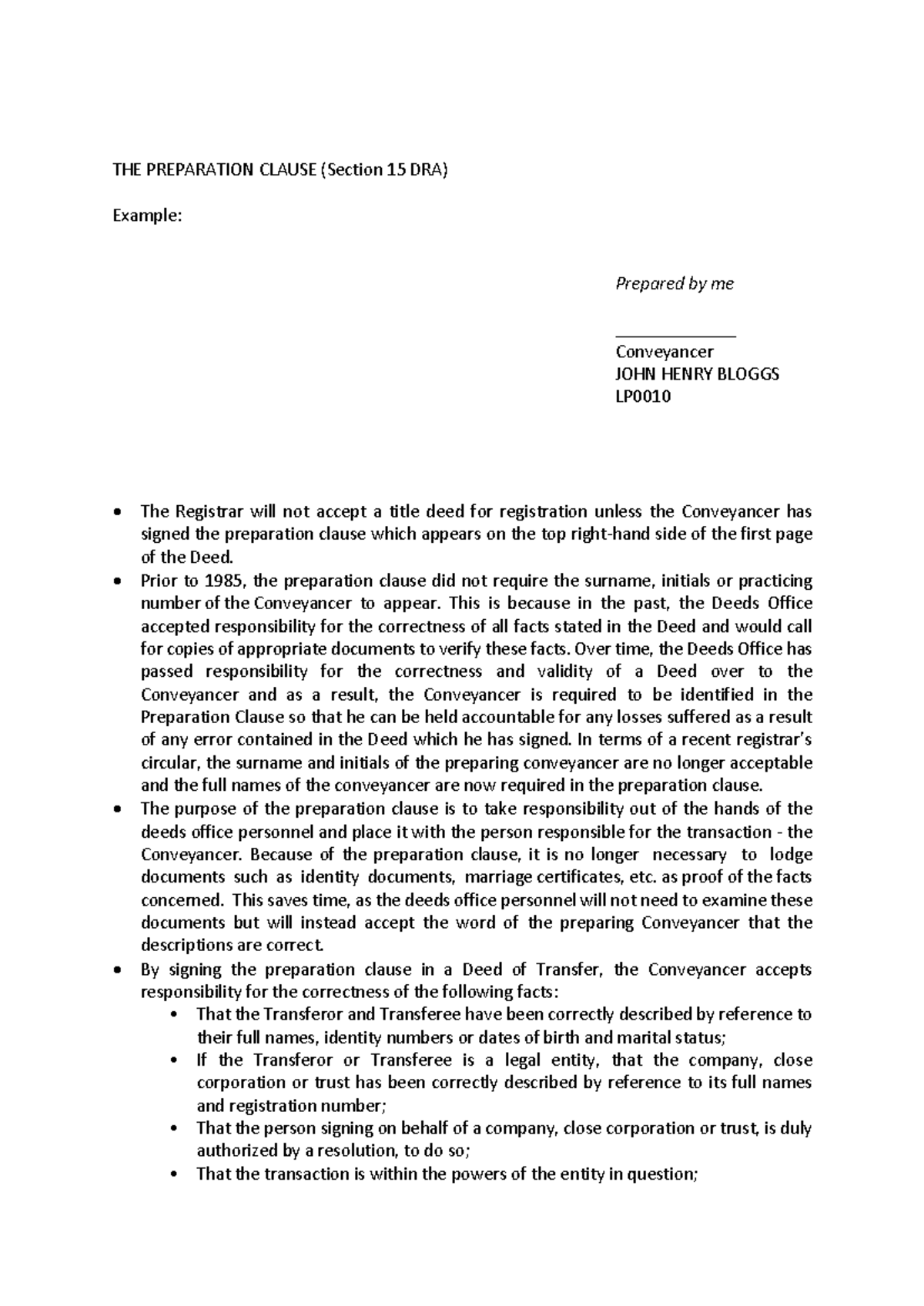DRA Section 15: Understanding the Preparation Clause in Conveyancing ...