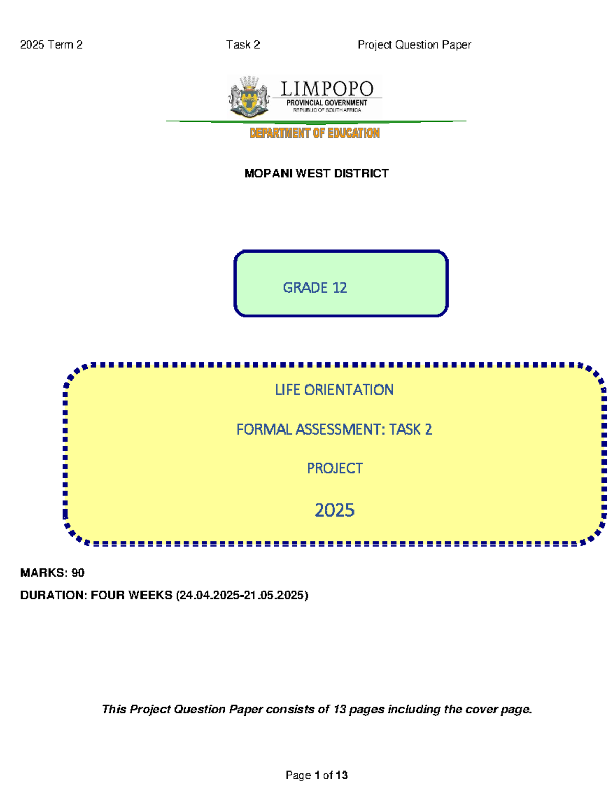 2025 Grade 12 Life Orientation Task 2 Project Question Paper - Studocu
