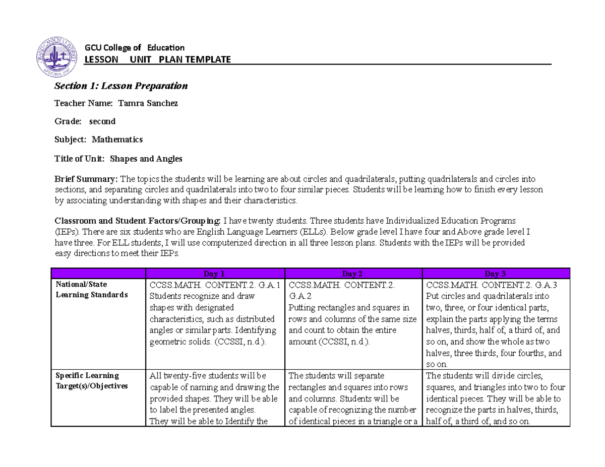 Second Grade Math Unit Plan: Shapes & Angles Overview (GCU) - Studocu